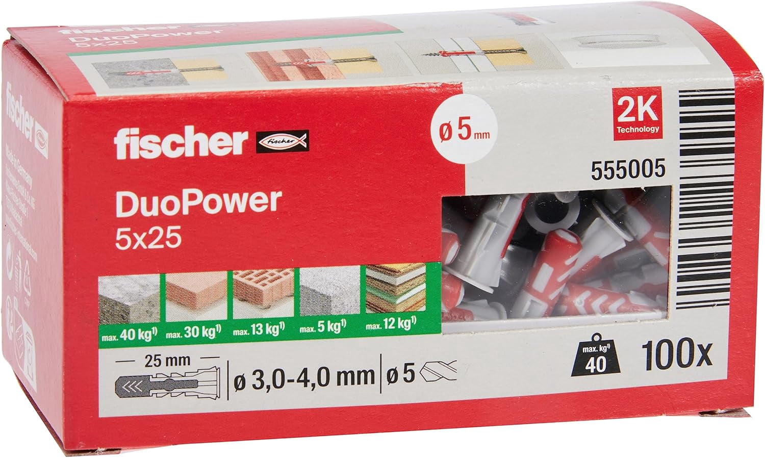 fischer DuoPower 3/16" x 1" (5x25mm) 100pcs Plugs (Without Screws ...