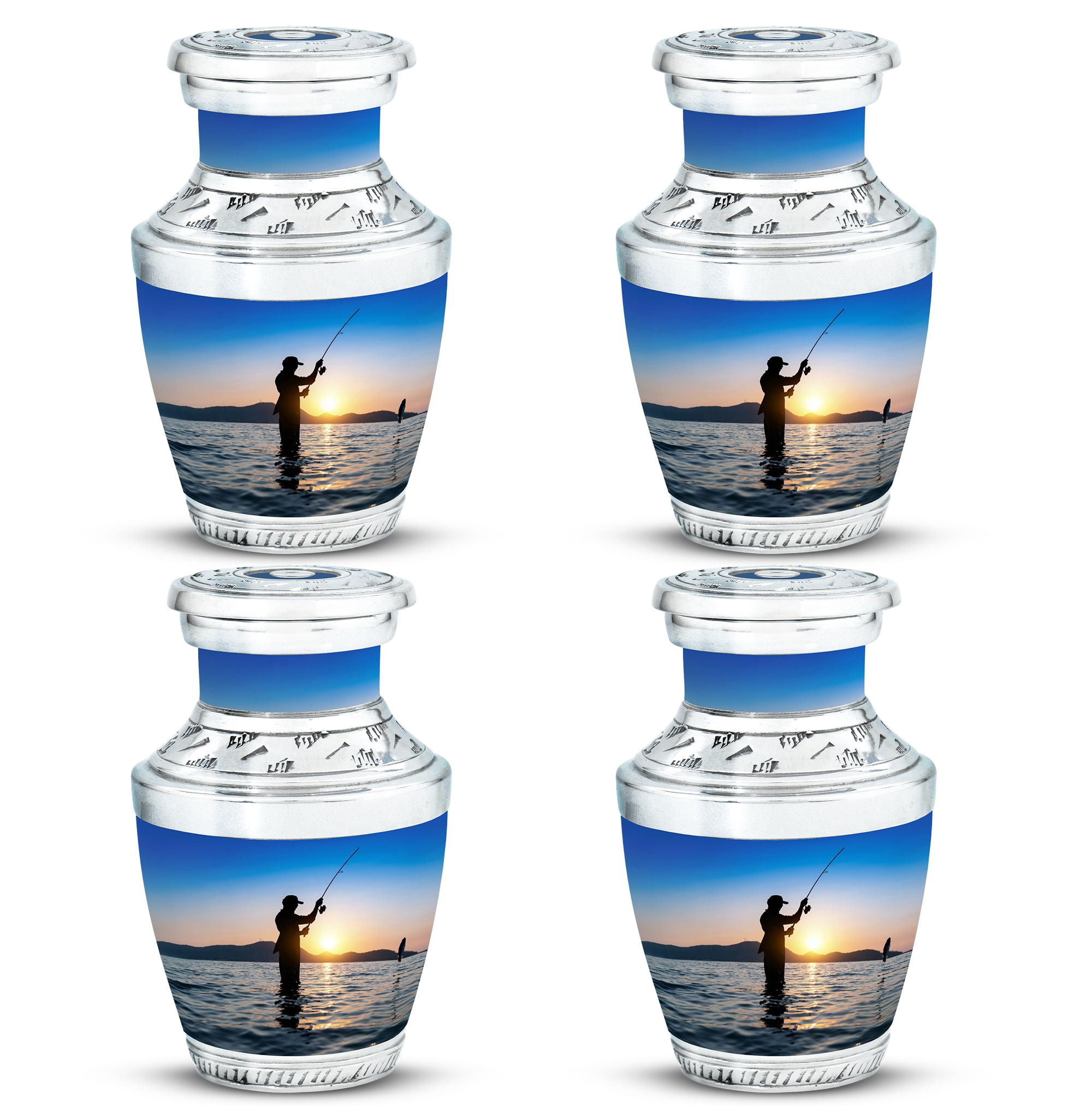 fisherman fishing beautiful morning sunset scene Delicate Small Urn for ...