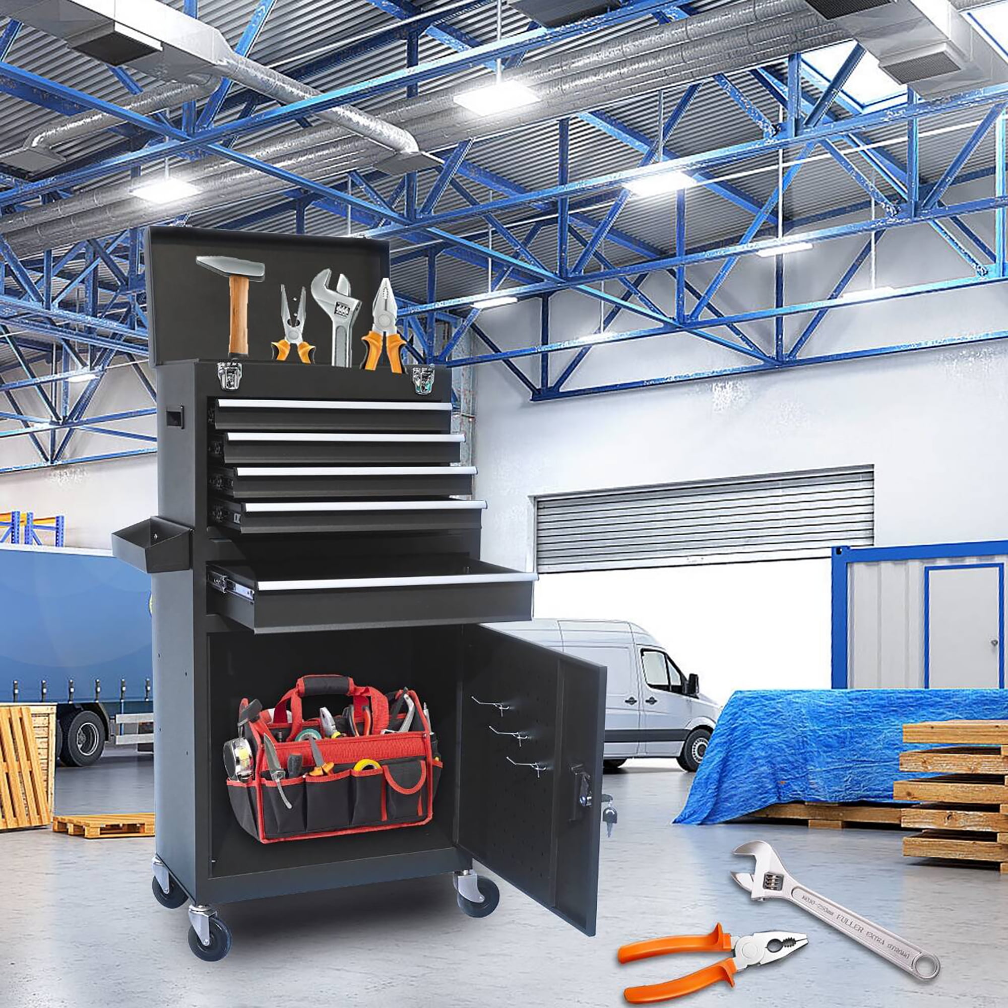 five-Drawer Rolling Tool Chest with Wheels, Detachable Cabinet Storage ...