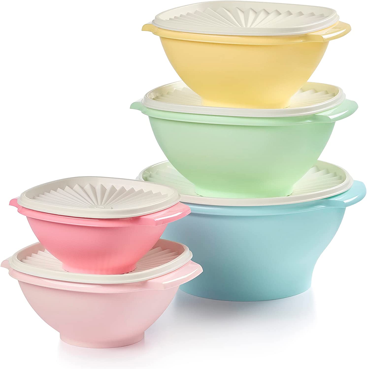 of five nesting bowls with the classic Tupperware sunburst lid design ...