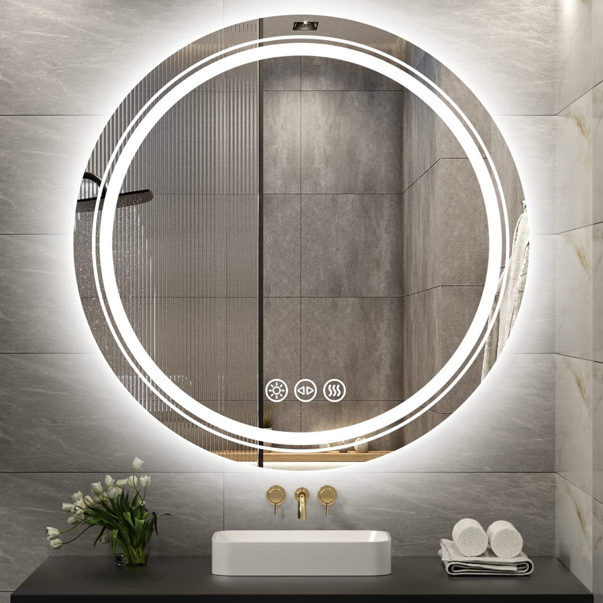 fliptrade Large LED Bathroom Mirror Round Dual Light Frameless Vanity ...