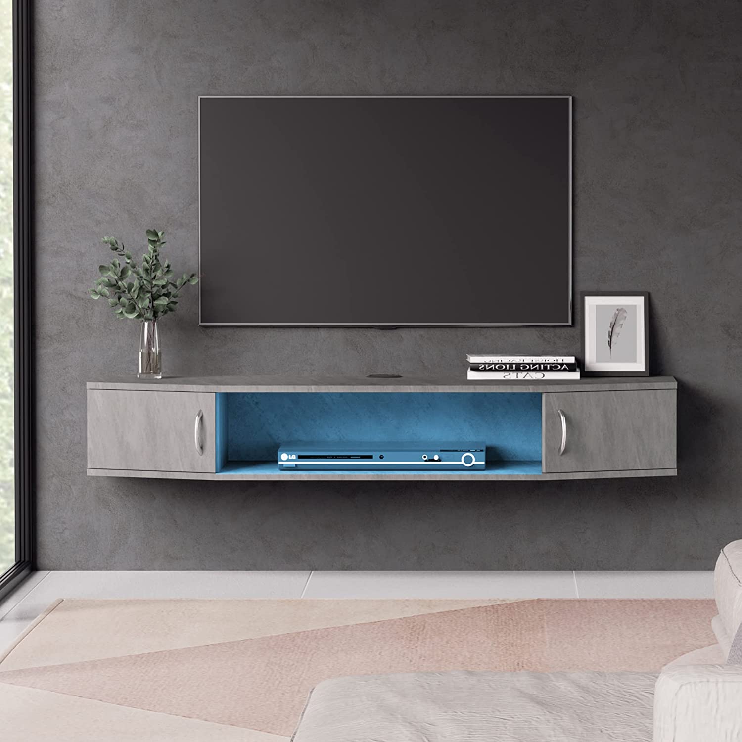 **floating tv stand with blue led lights, wall mounted entertainment ...