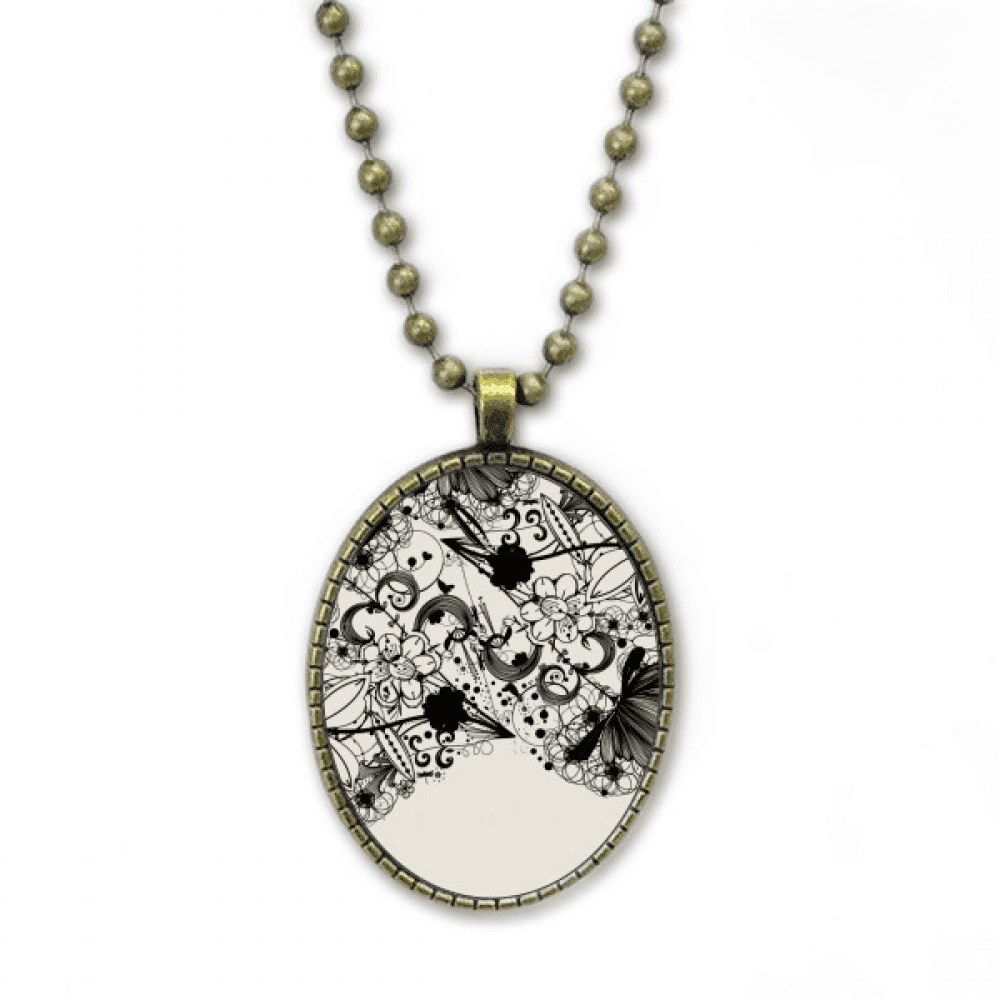 flower s black white art grain outline necklace vintage chain bead ...