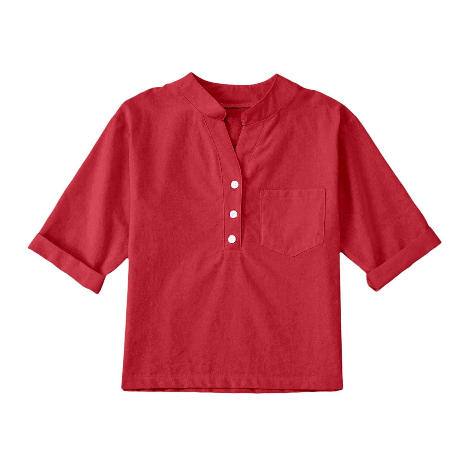 flyskyup Girls Cotton Linen Shirts Comfy Buttons up Pullover Half ...