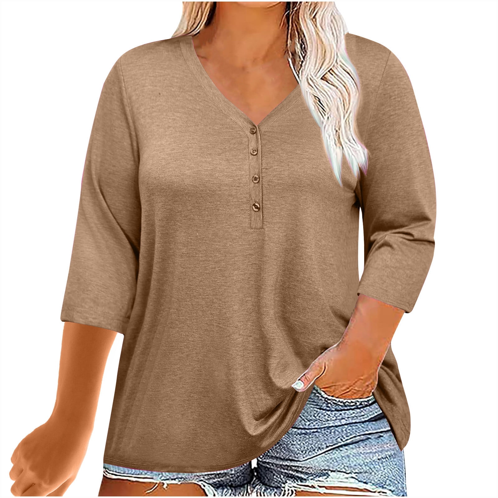 flyskyup Women Plus Size Tops V Neck 3/4 Sleeve Button Down Casual T ...