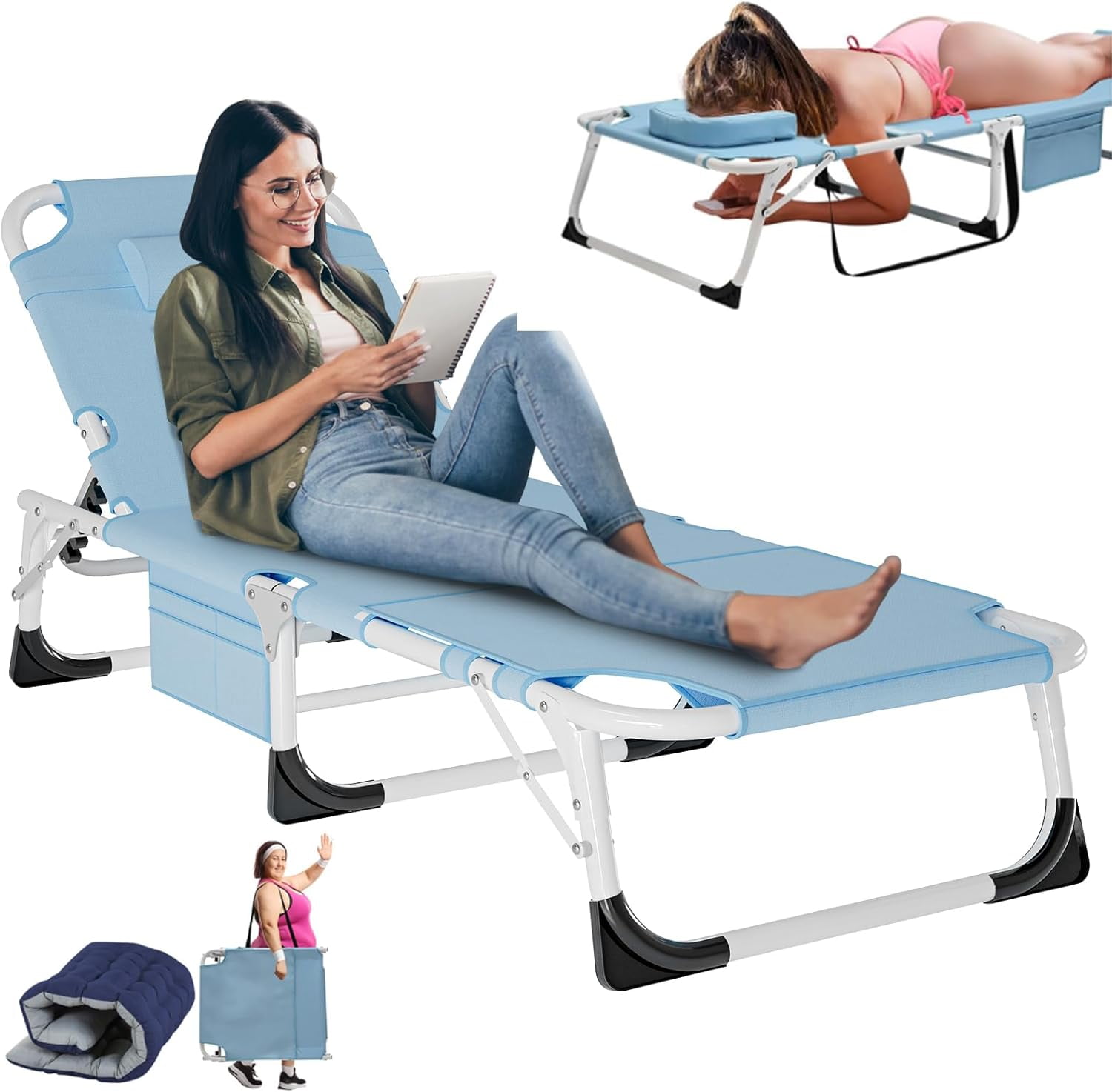 **folding chaise lounge chair with mattress, 5 position beach chair ...
