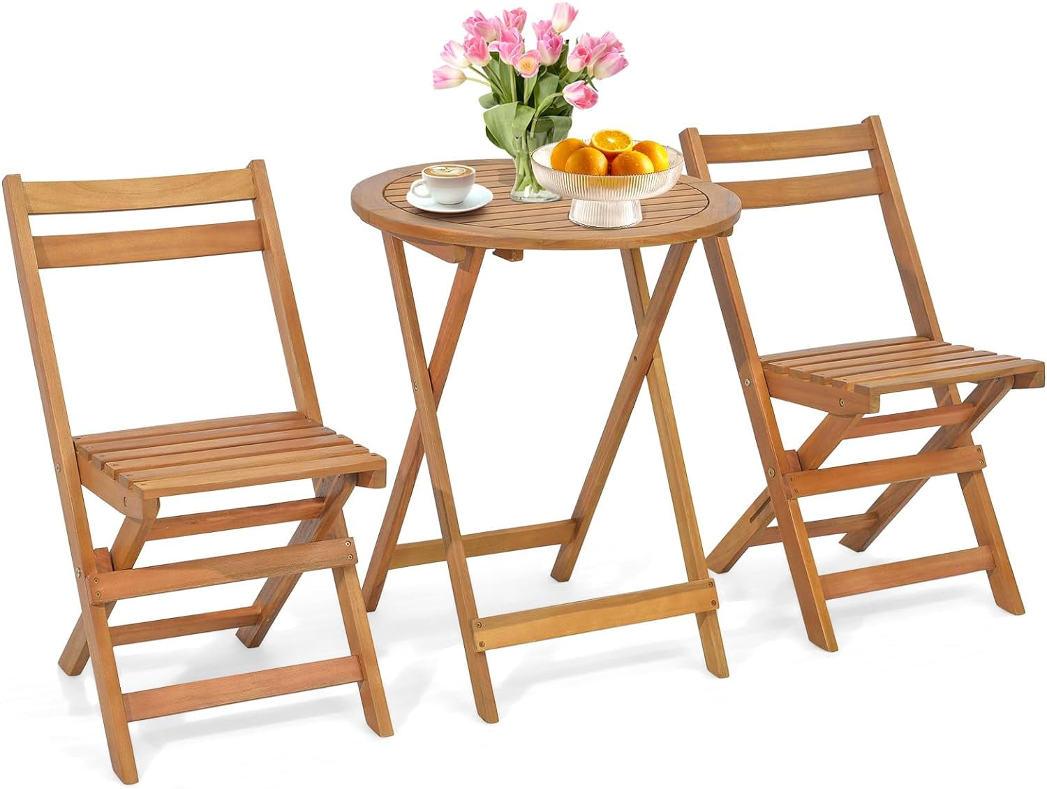 Folding Patio Bistro Set Wood Chair Table Set with Slatted Acacia Wood ...