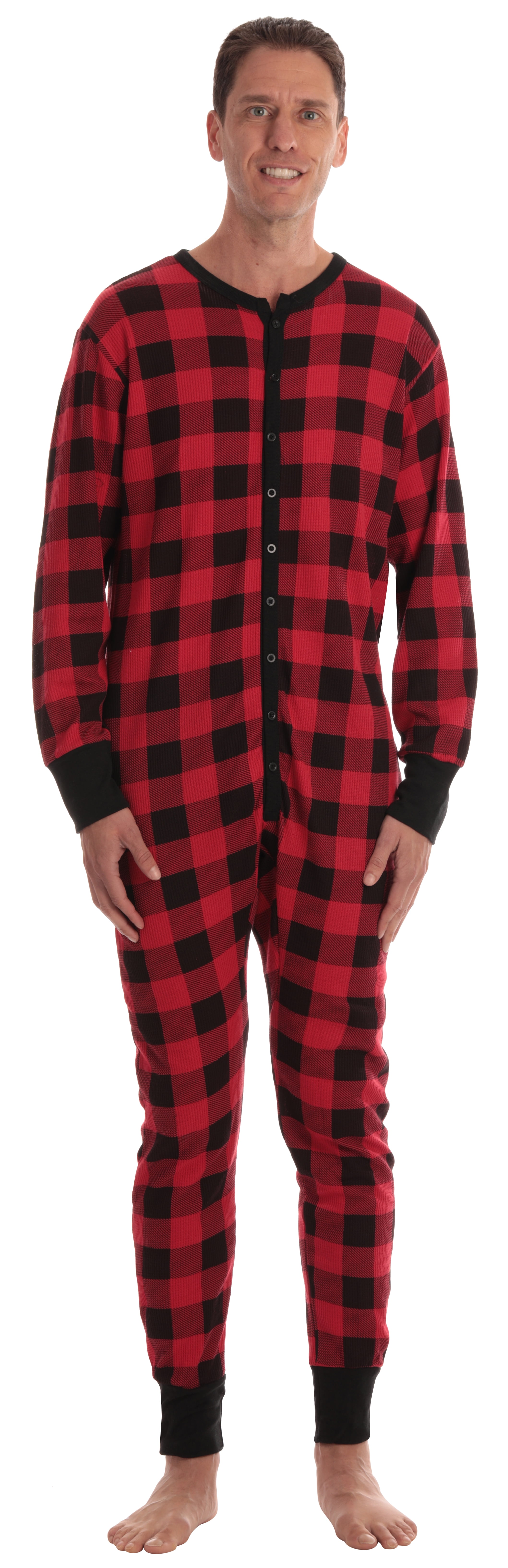 #followme Men's Solid Thermal Henley Adult Onesie (Red - Buffalo Plaid ...
