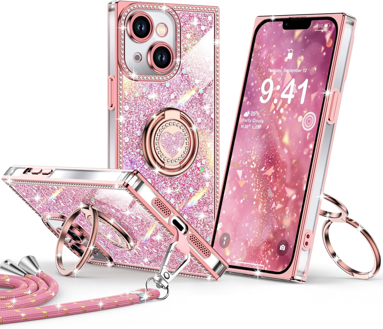 for 14 Case, Glitter Bling Phone Cover with 2-Ring Heart Stand ...