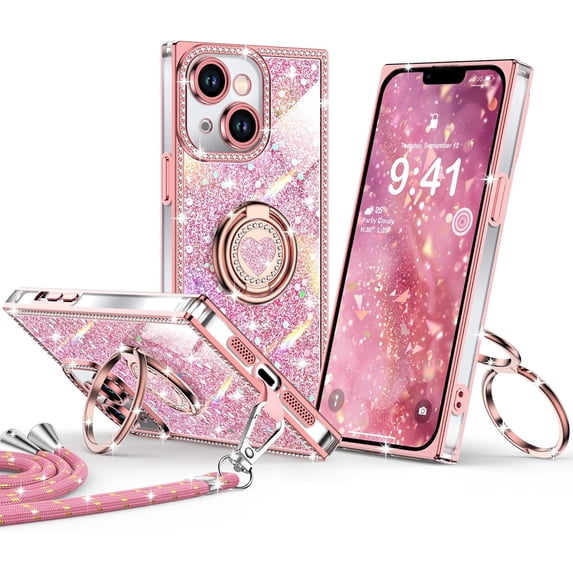 for 14 Case, Glitter Bling Phone Cover with 2-Ring Heart Stand ...