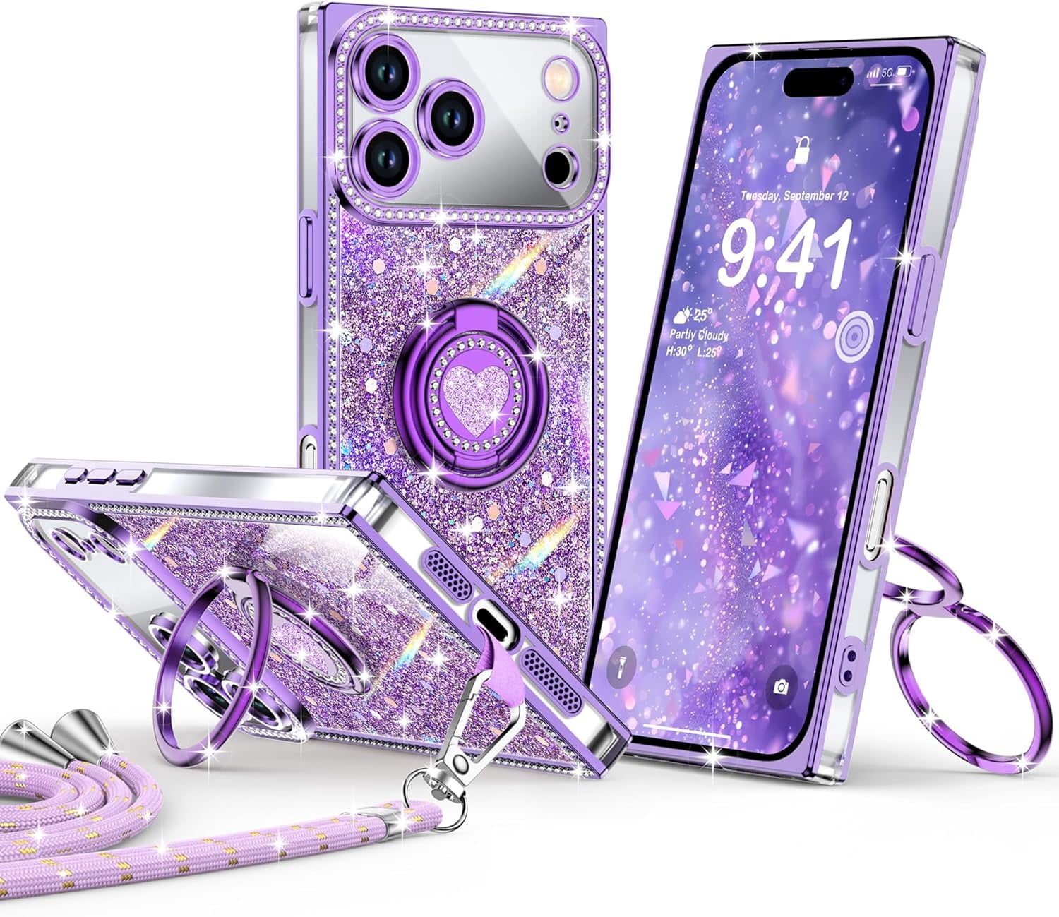 for 17 Case, Glitter Bling Phone Cover with 2-Ring Heart Stand ...