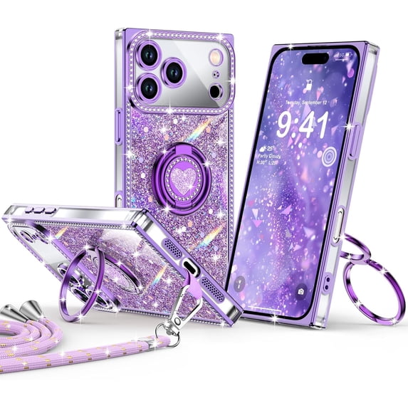 for 17 Case, Glitter Bling Phone Cover with 2-Ring Heart Stand ...