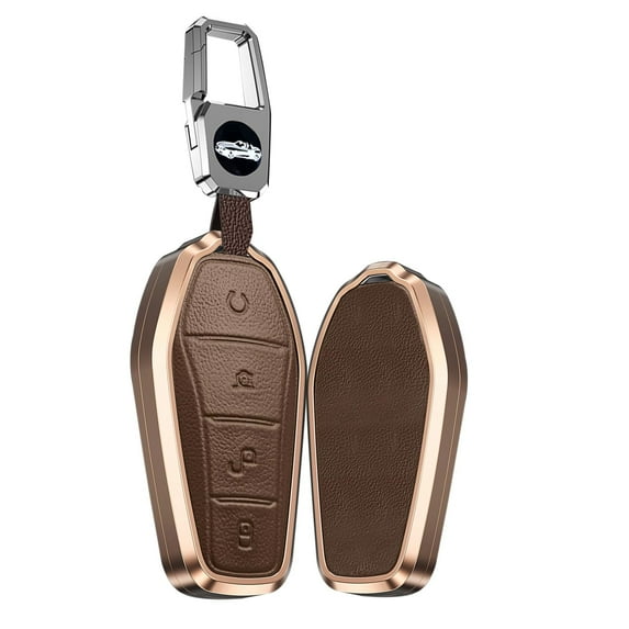 for BYD leather Key Fob Cover 4 Button Aluminum alloy Key Shell Fit For ...