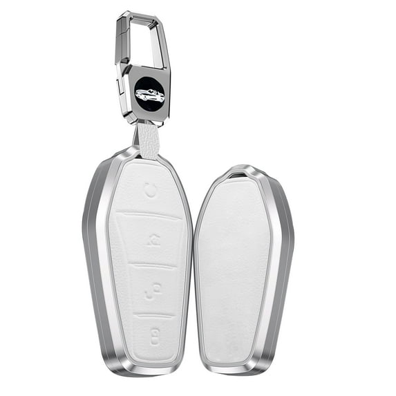 for BYD leather Key Fob Cover 4 Button Aluminum alloy Key Shell Fit For ...