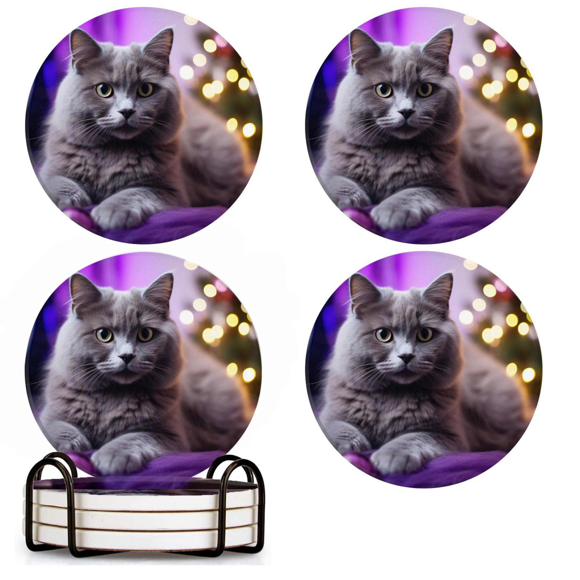 for Cat Drink Coasters with Holder,Non-Slip Coasters Set of 4,Ceramic ...