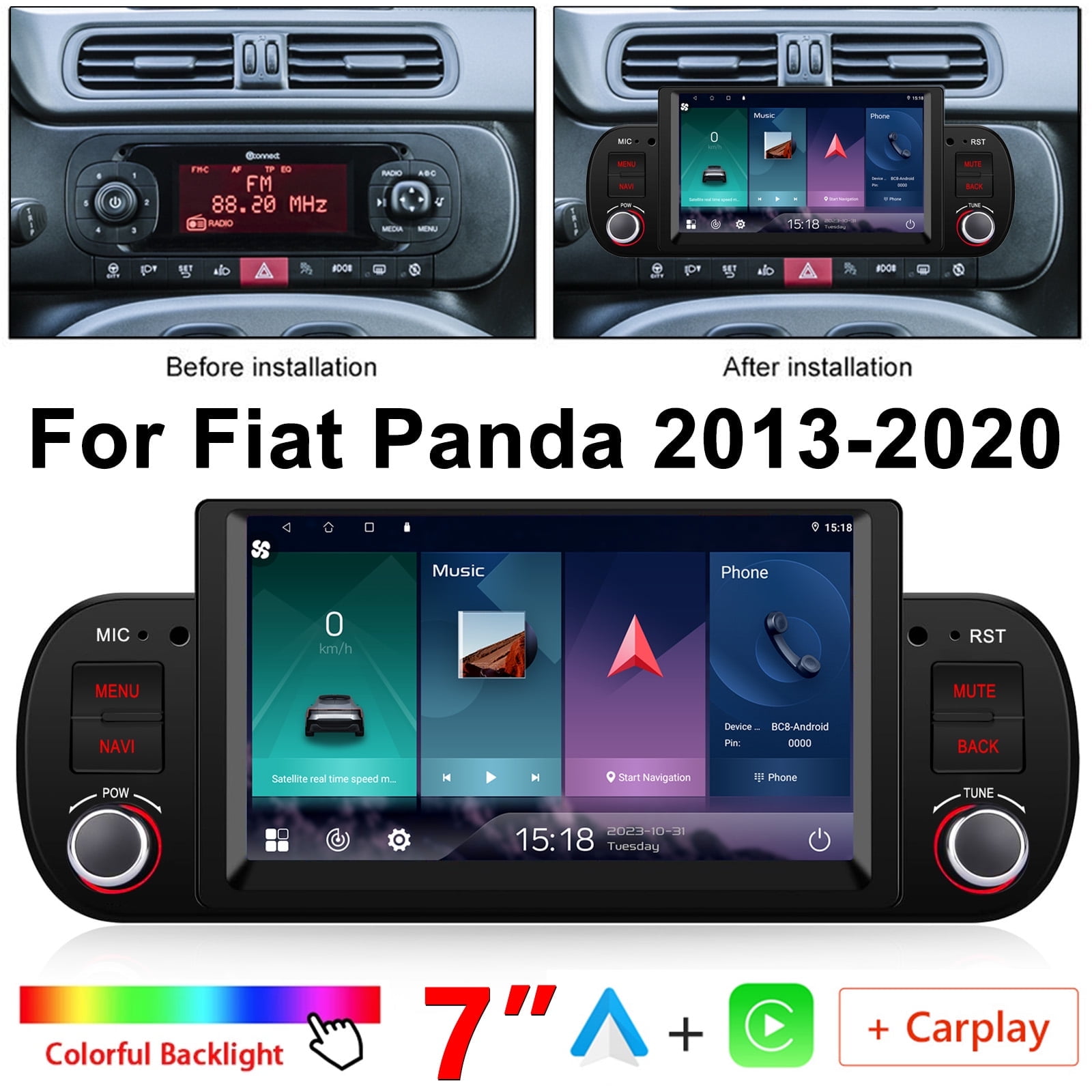 for Fiat Panda Radio 2013-2020 7" IPS Touchscreen with Carplay Android ...