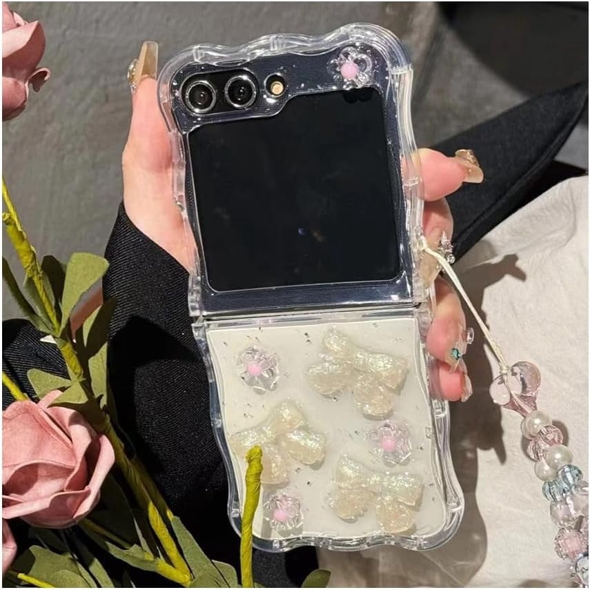 for Galaxy Z Flip 6 Pink Flower Clear Case with Wristband Chain, Kawaii ...