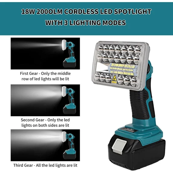 for Makita 18v Battery LED Work Light 18W 2000LM Spotlight FloodLight ...