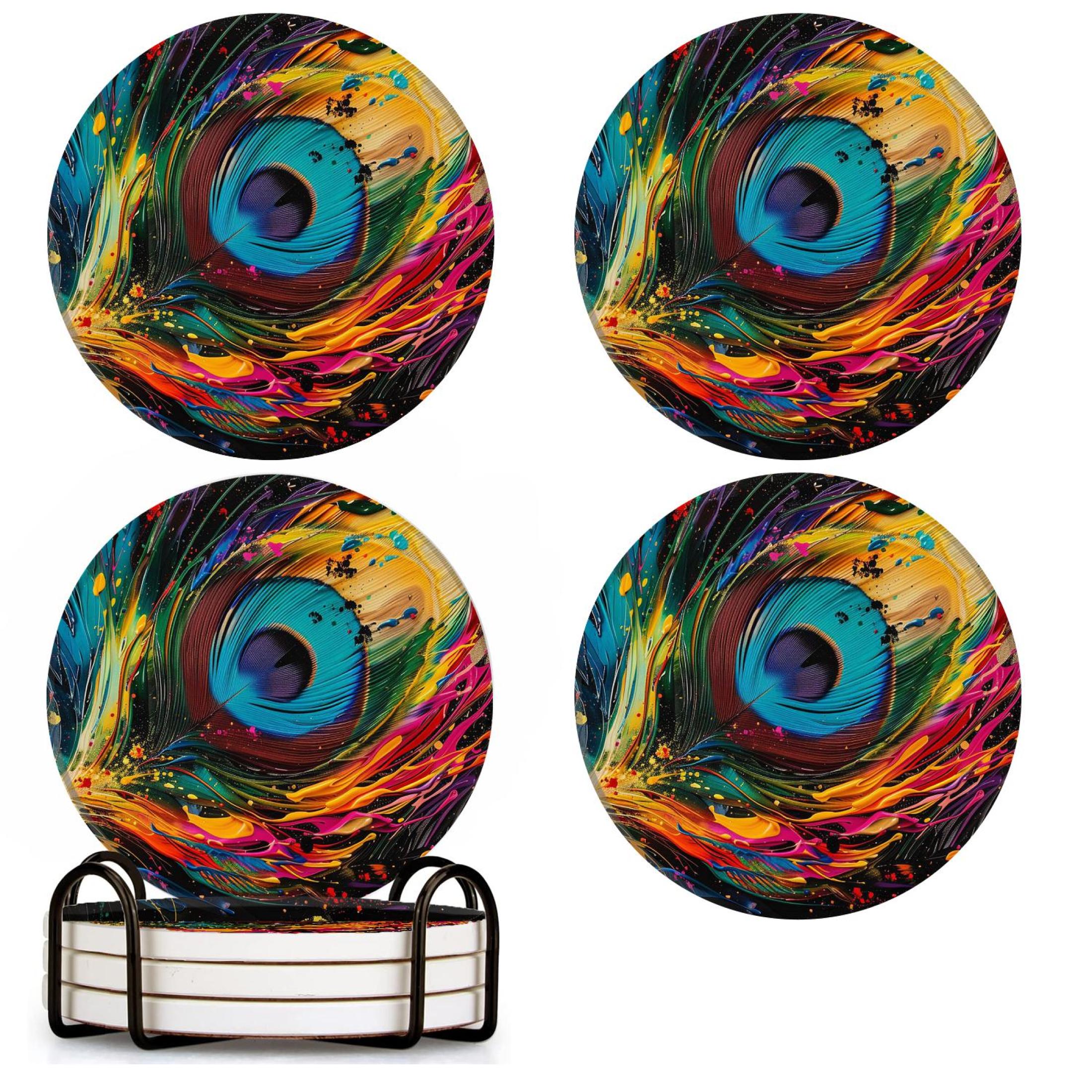 for Peacock Drink Coasters with Holder,Non-Slip Coasters Set of 4 ...