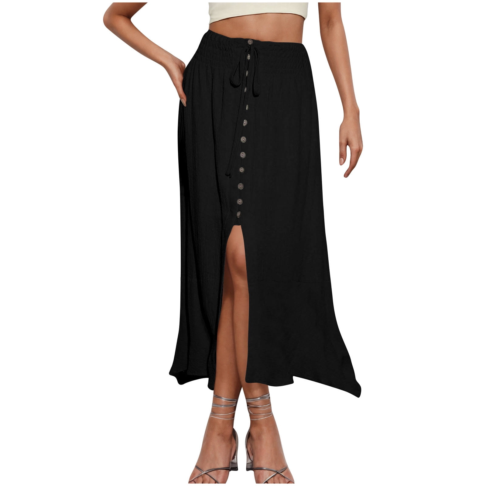 for Women Midi Lounge Ruched Slit Tie Knot Elastic Waist Basic Skirt ...