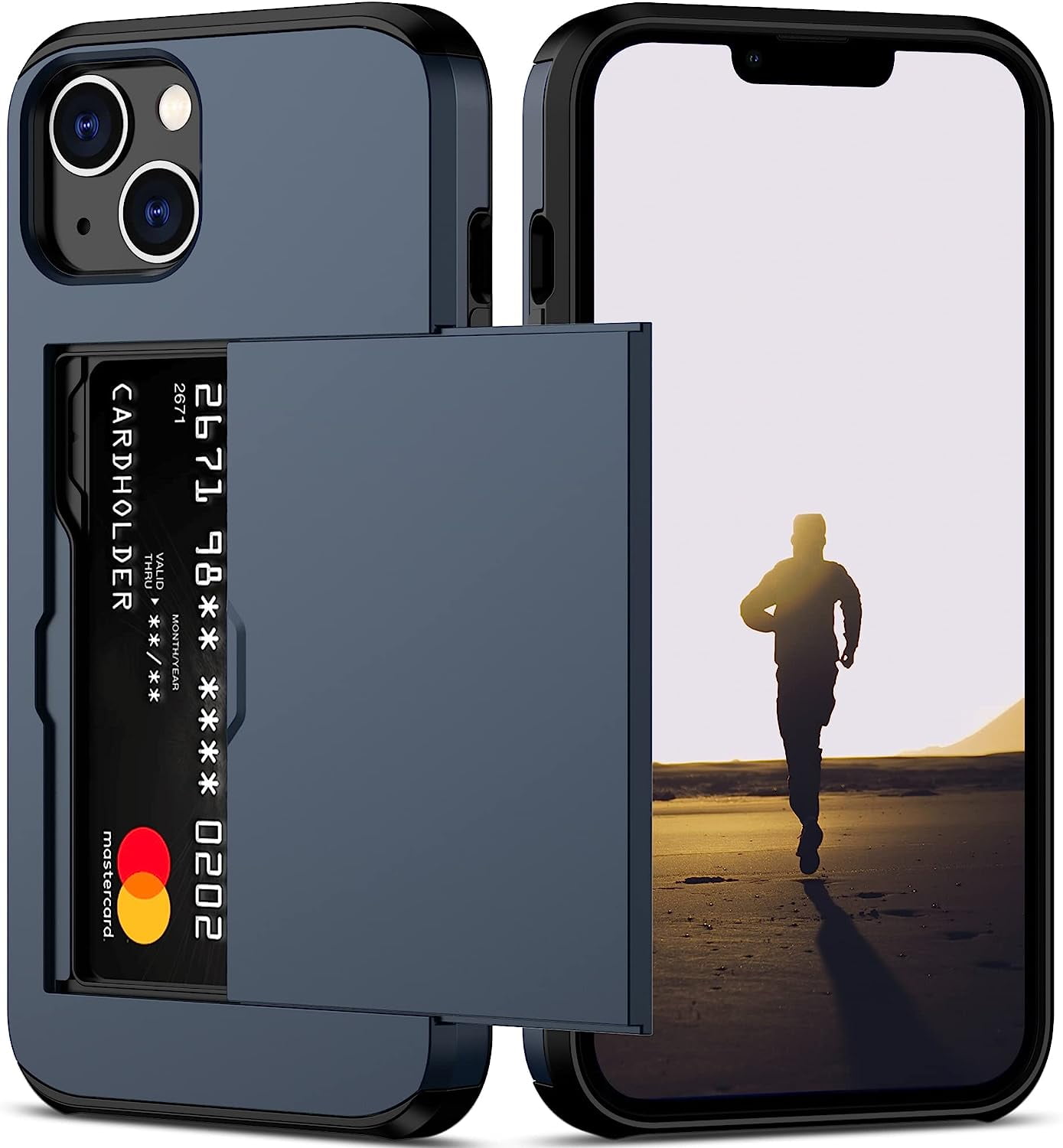 for iPhone 13 Case with Card Holder Heavy Duty Protective Dual Layer ...