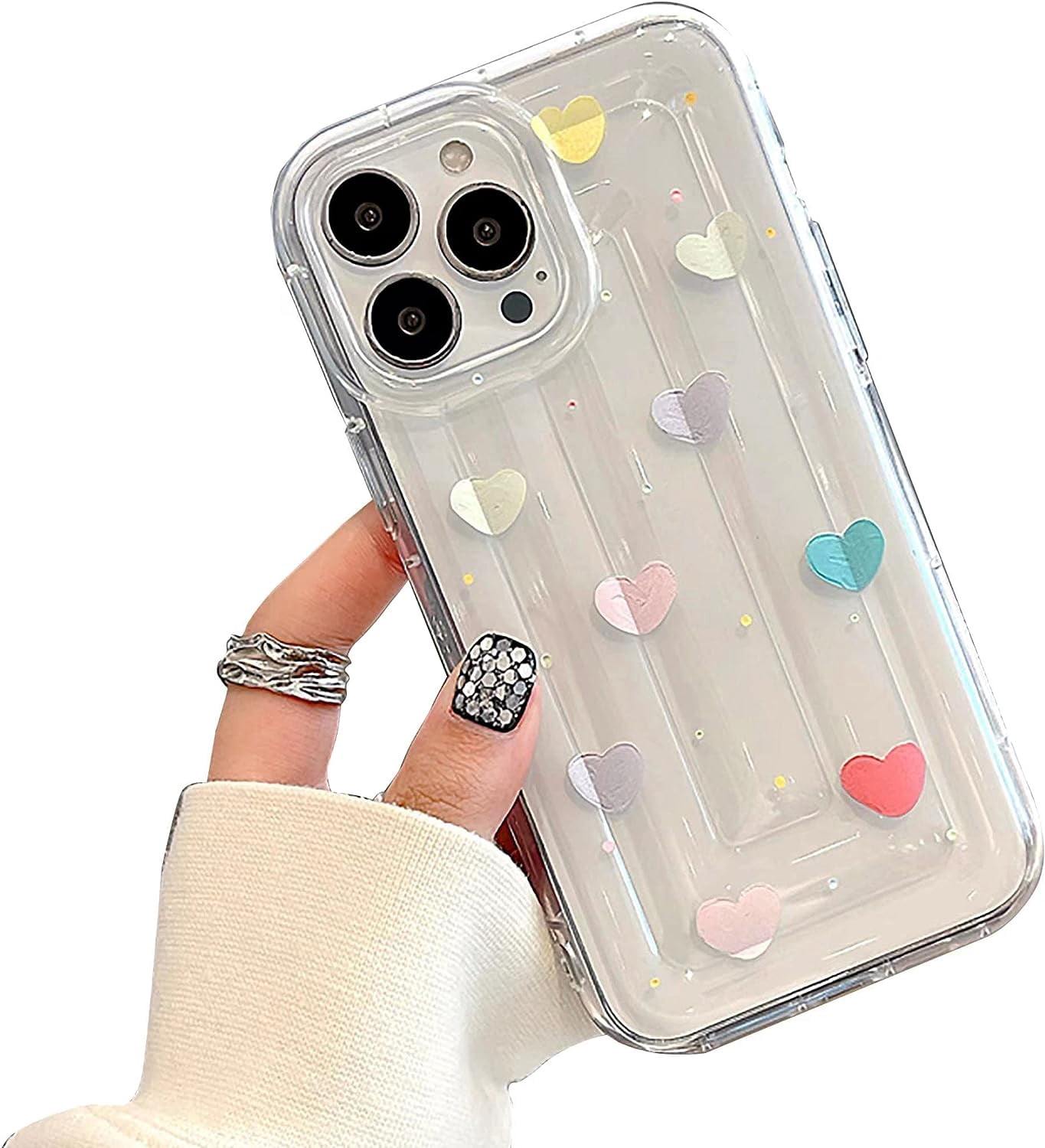 for iPhone 13 Pro Max Case, Cute Clear Colorful Love Heart Pattern Wave ...