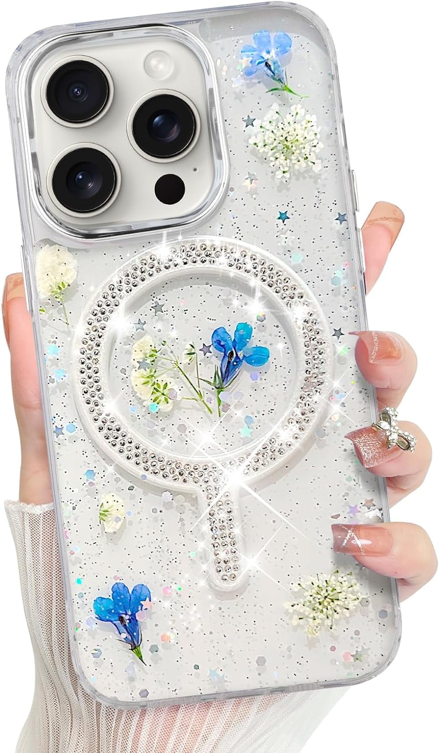 for iPhone 15 Pro Case, Blue Floral Flowers Pattern Diamond Magnetic ...