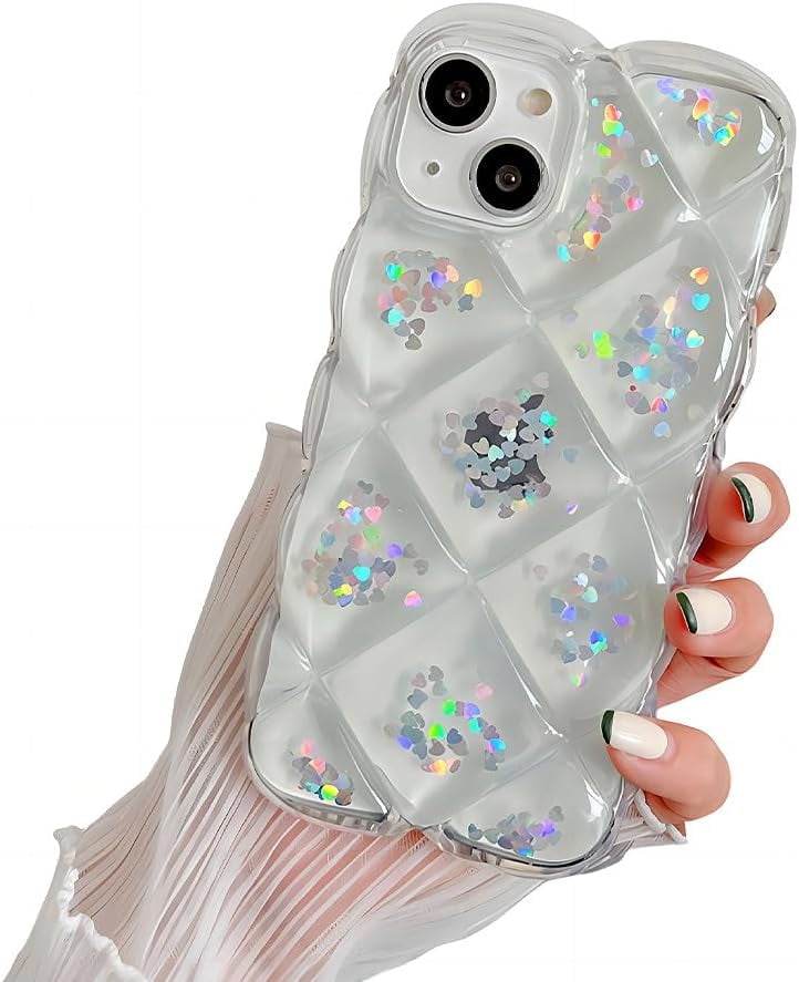 for iPhone Case,Cute Wave Shape Frame Rhombus Bubble Glitter Clear Soft Shockproof Phone Case ...