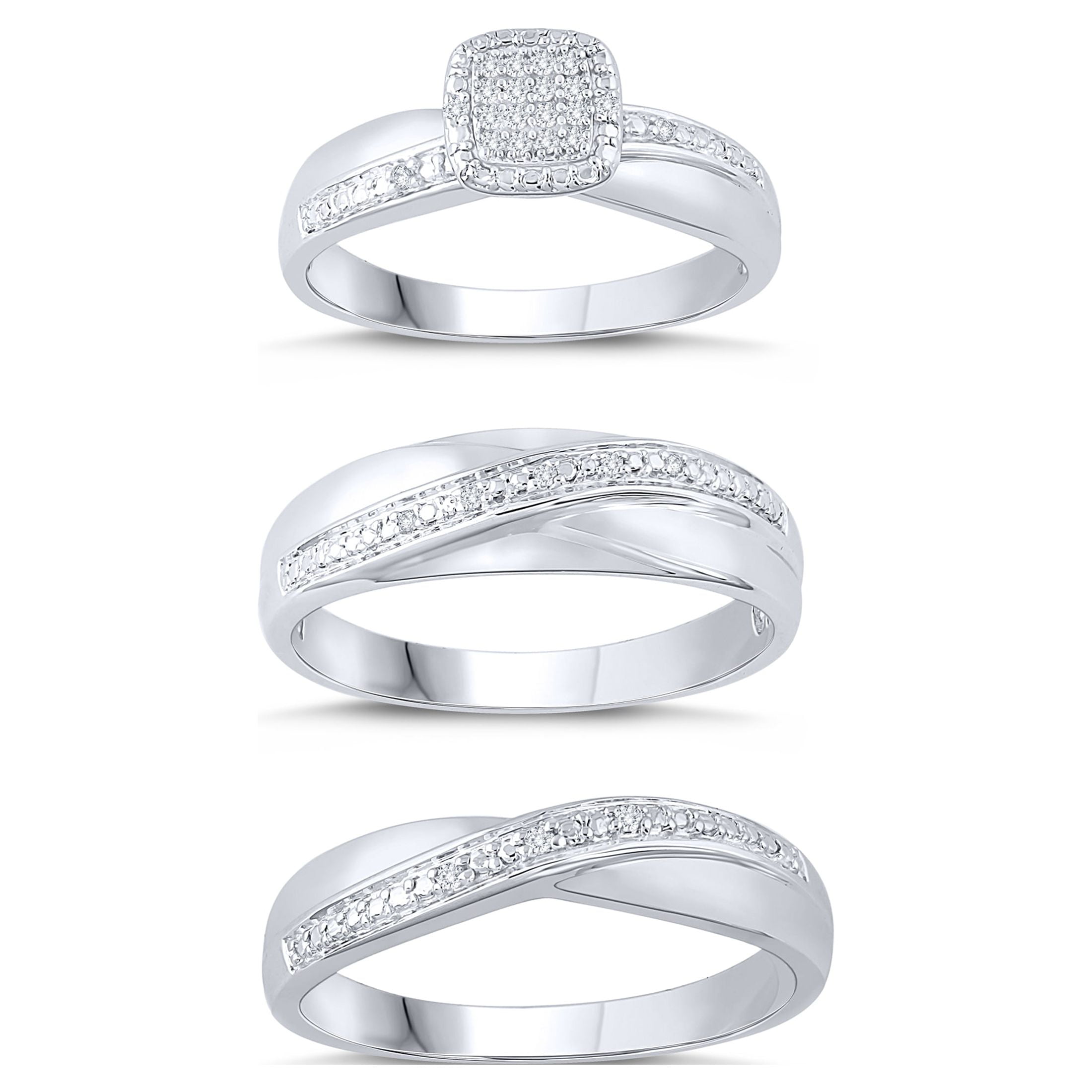 forever Bride Sterling Silver Diamond Engagement Ring Trio Set, 1/10 Ct ...