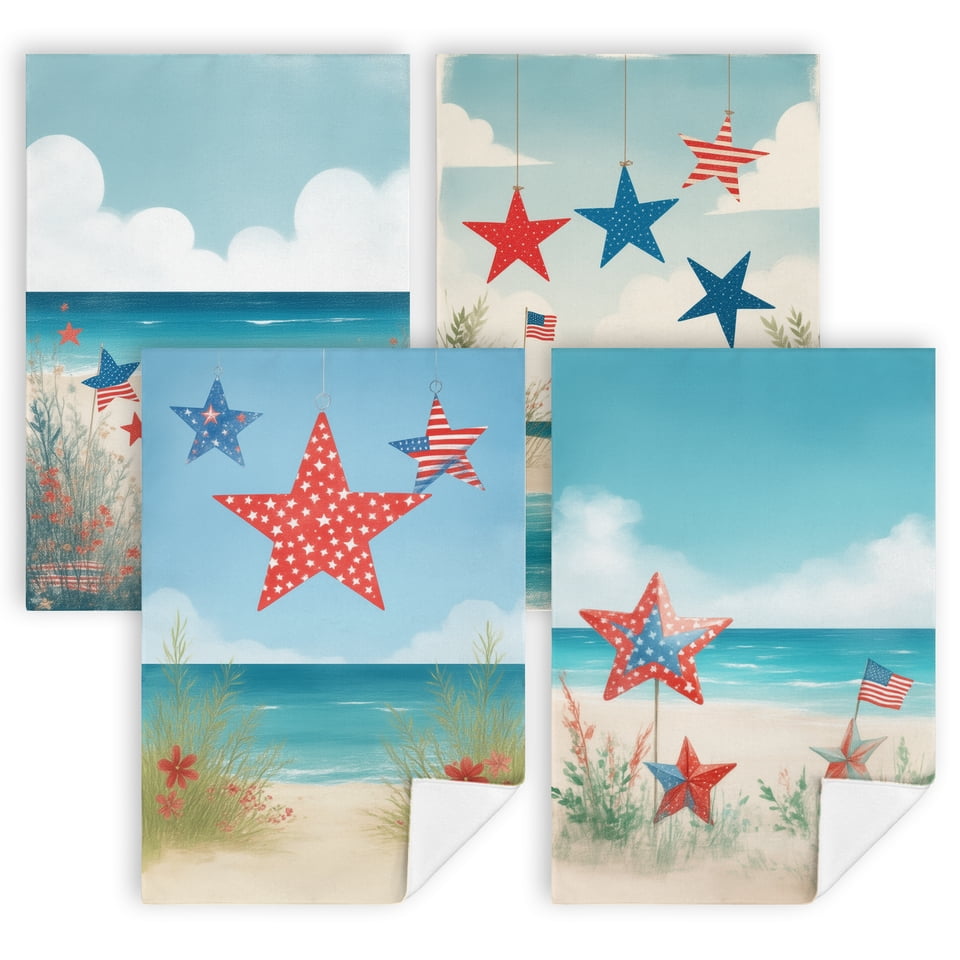fourth of july hand towels A beach scene with red white and blue stars ...