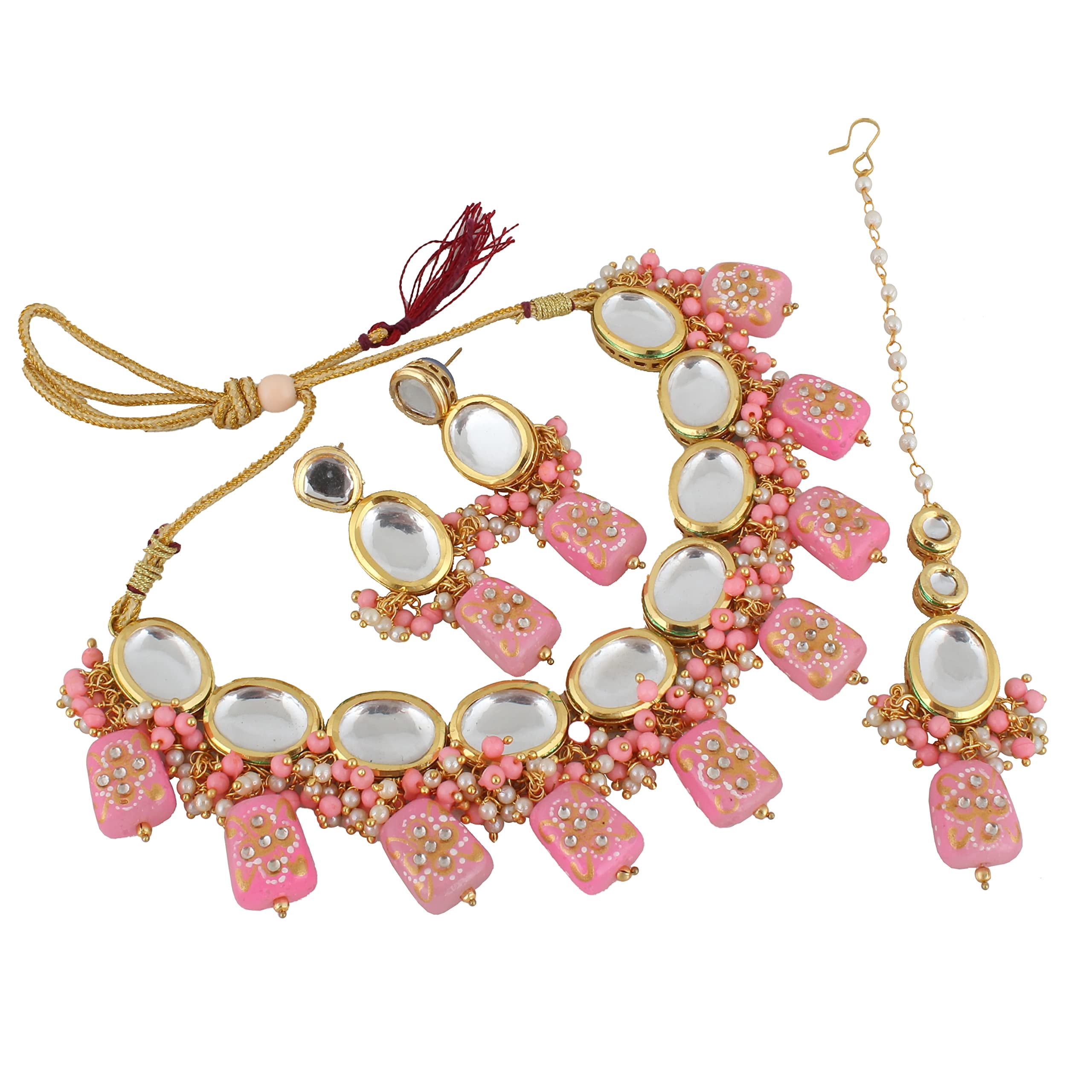 FOURTHLINE Back Meenakari 18k Gold Plated Pink Color Tika Earring Combo ...