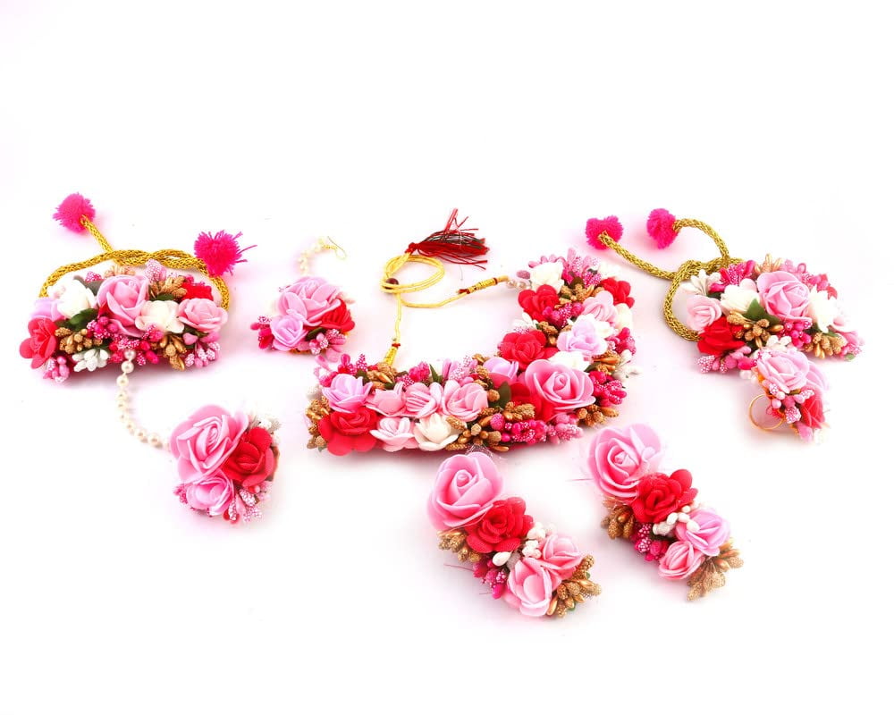 fourthline Flower Rani Pink Necklace Set with Maang Tika, Earrings and ...