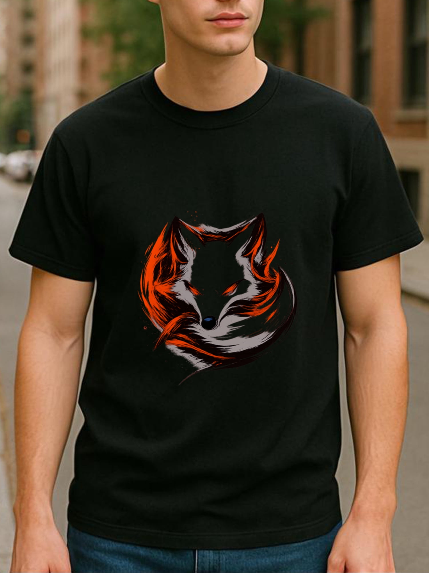 fox head Ink-Wash Print | Round-Neck T-Shirt, Easy and Fashionable for ...