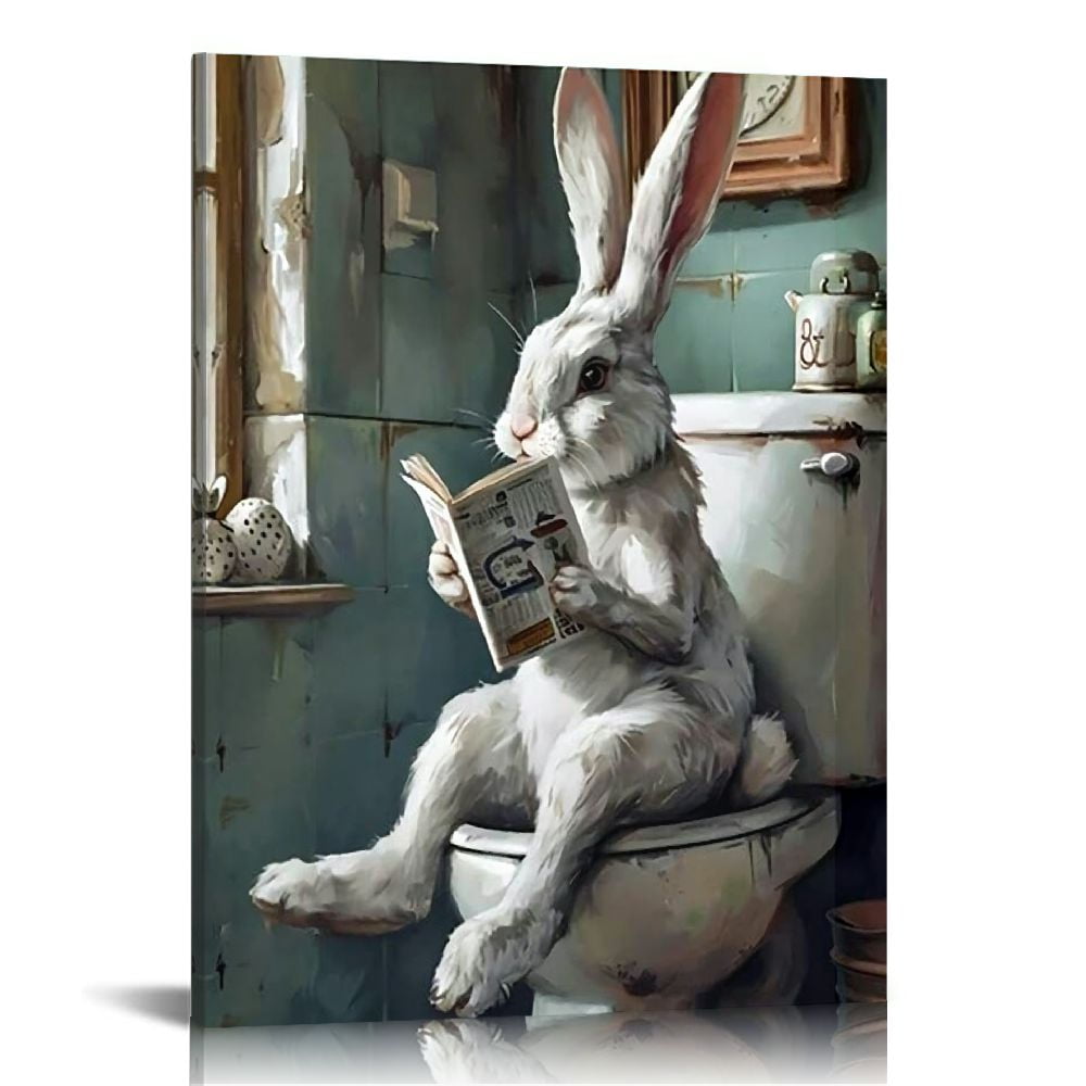 framed Canvas Poster, Toilet Rabbit Reading Newspaper Painting, Canvas ...