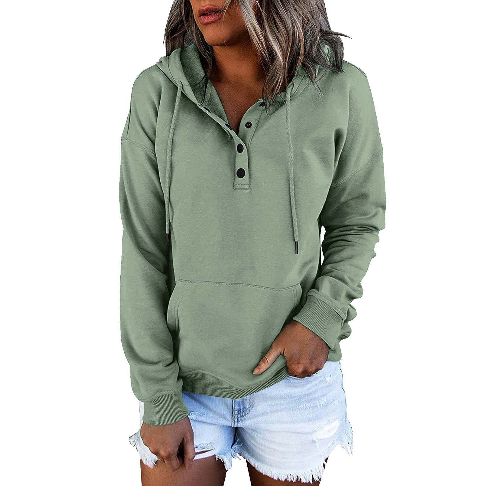 frariair Button Front Women Hooded Sweatshirt Long Sleeve Drawstring Comfort Pullover Pocket ...