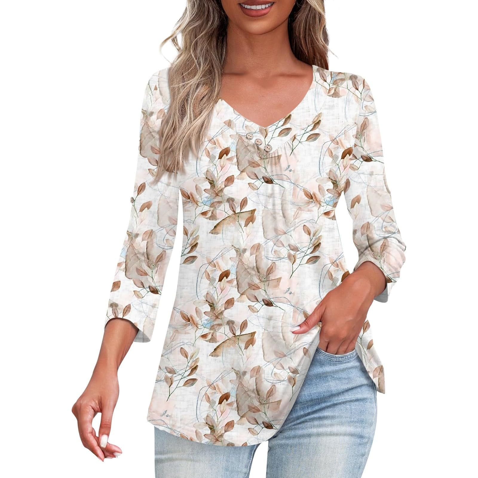frariair Flowy 3/4 Sleeve Blouse Featuring Relaxed Fit And Floral ...