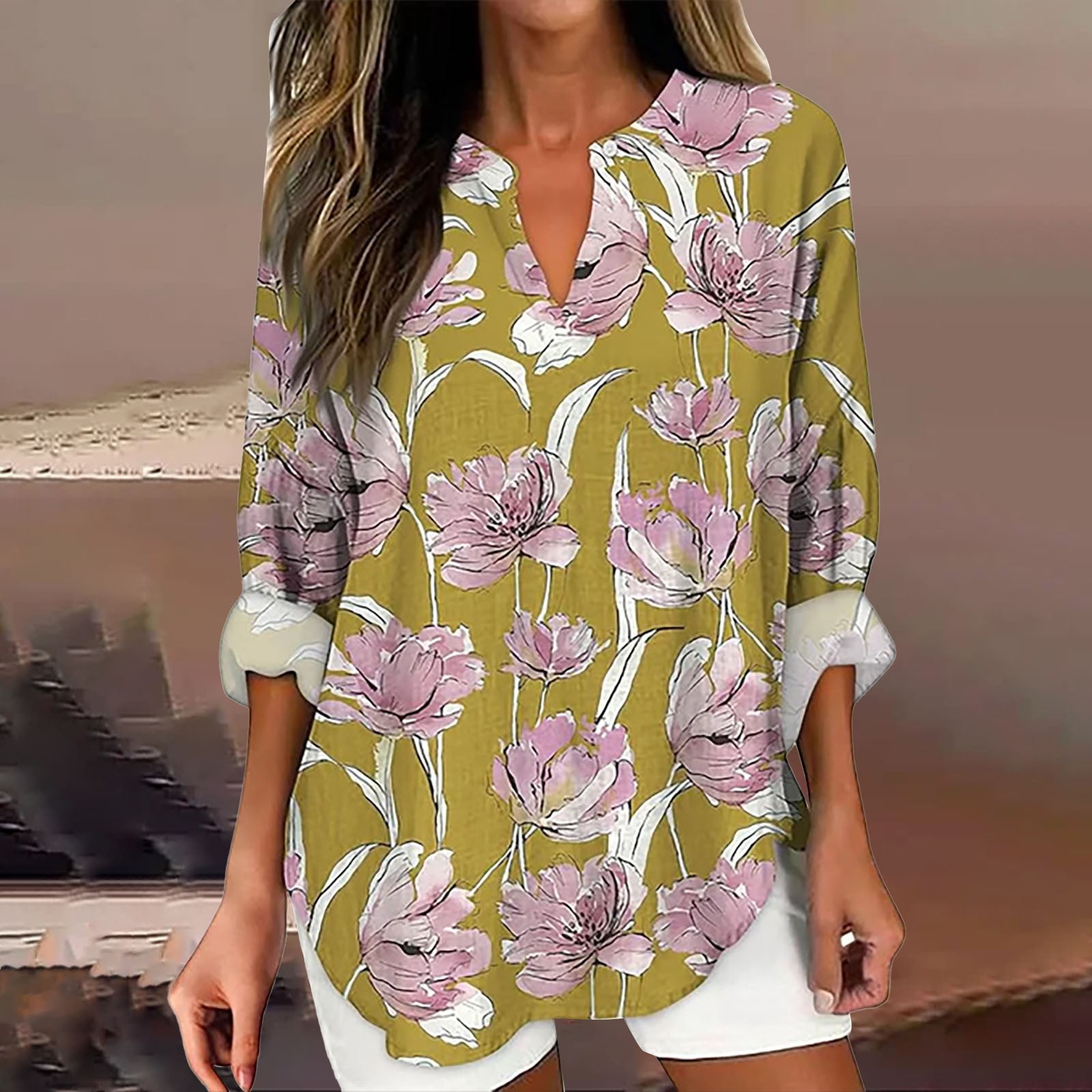 frariair Ladies Botanical Design V-Cut Tunic Top Soft Draping Fabric ...