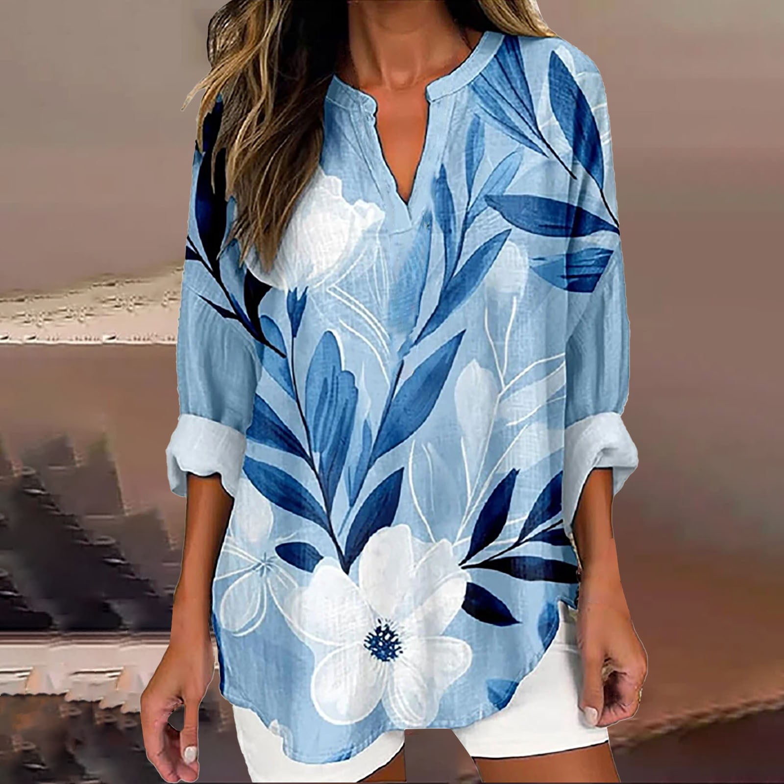 frariair Ladies Botanical Design V-Cut Tunic Top Soft Draping Fabric ...