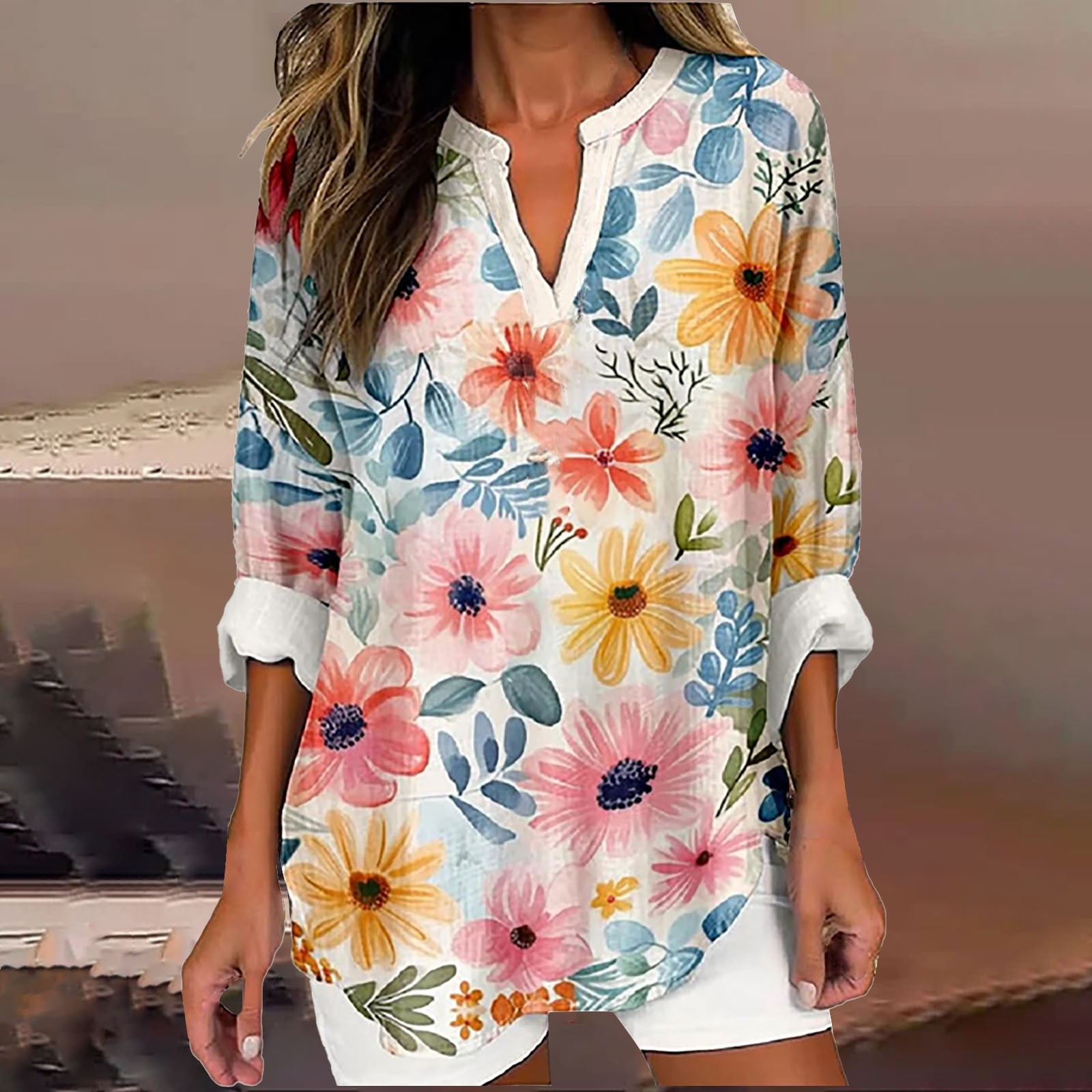 frariair Ladies Botanical Design V-Cut Tunic Top Soft Draping Fabric ...