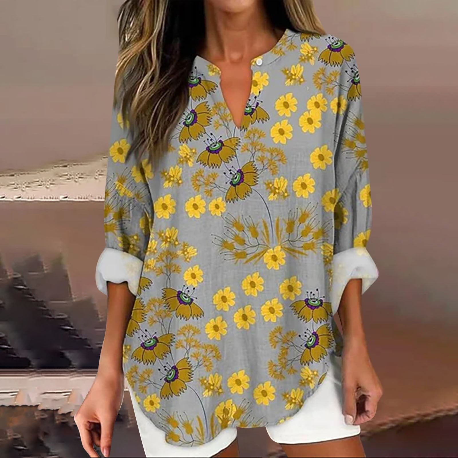 frariair Ladies Botanical Design V-Cut Tunic Top Soft Draping Fabric ...