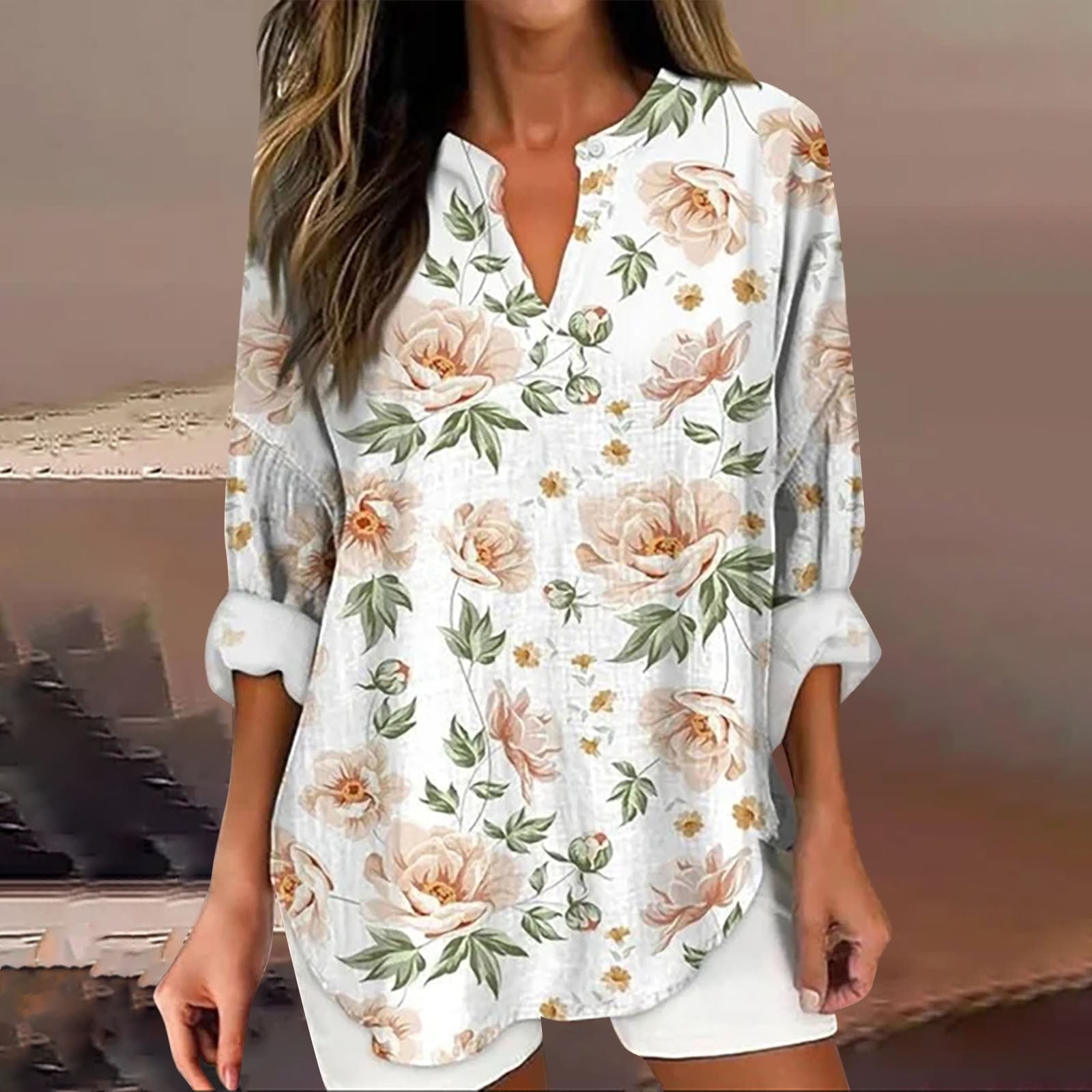 frariair Ladies Botanical Design V-Cut Tunic Top Soft Draping Fabric ...