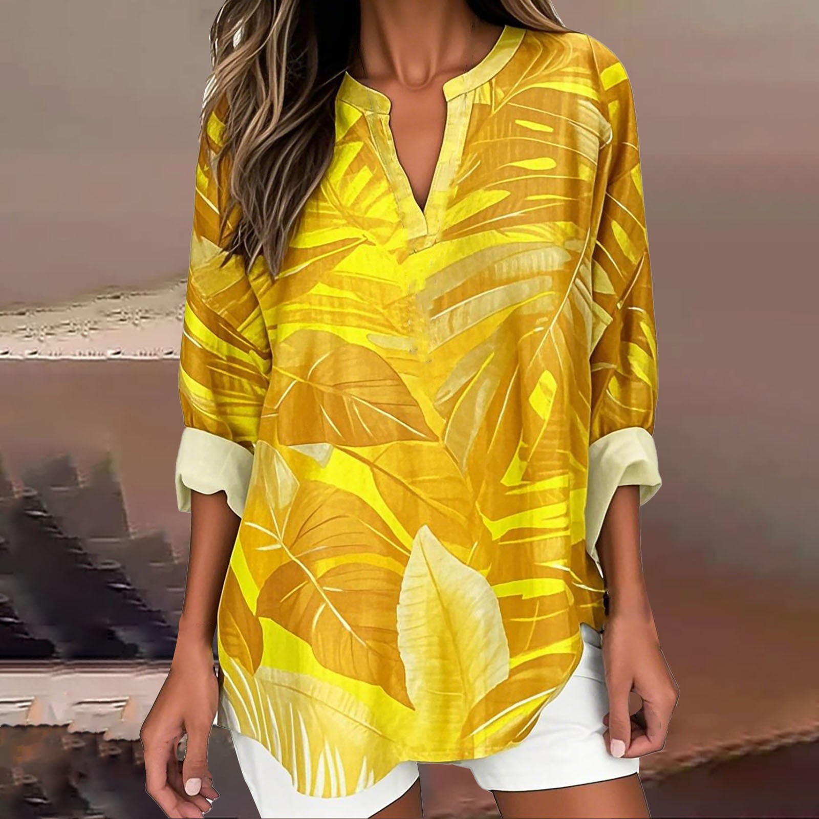 frariair Ladies Botanical Design V-Cut Tunic Top Soft Draping Fabric ...