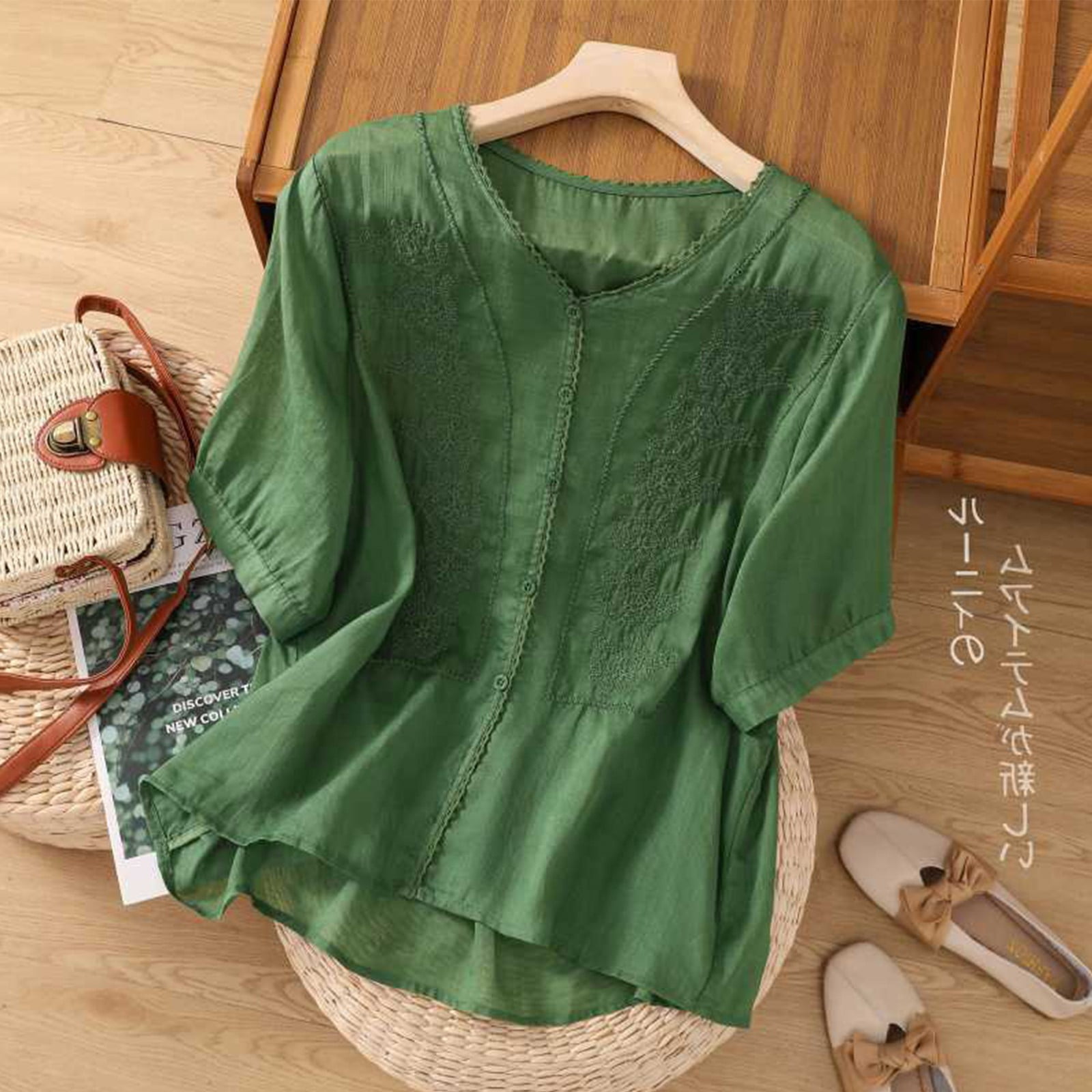 frariair Ladies Breathable Natural Fiber Embroidered Blouse Flowy Loose ...