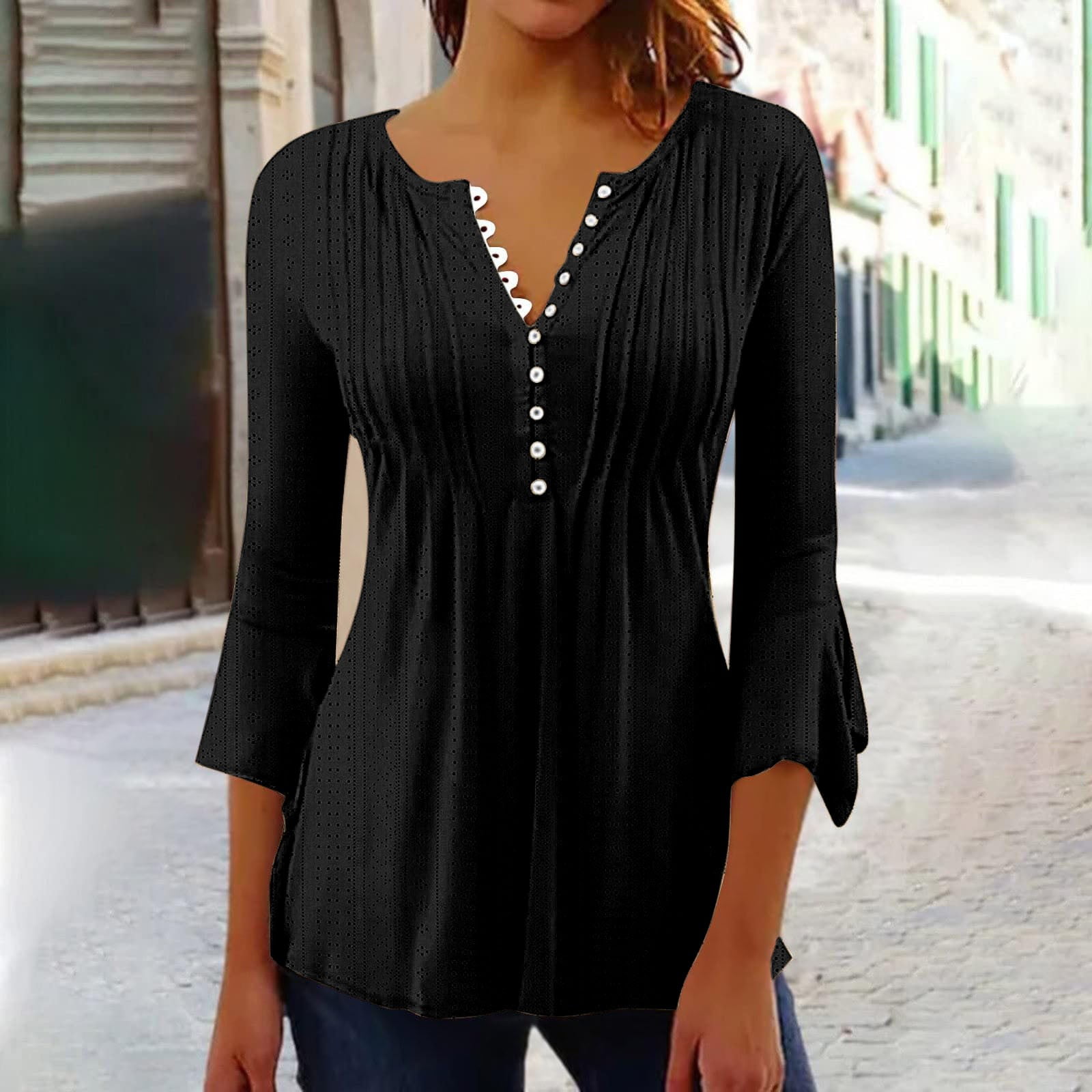 frariair Ladies Flared Hem Blouse With Ruched Waist And Deep V-Neck ...