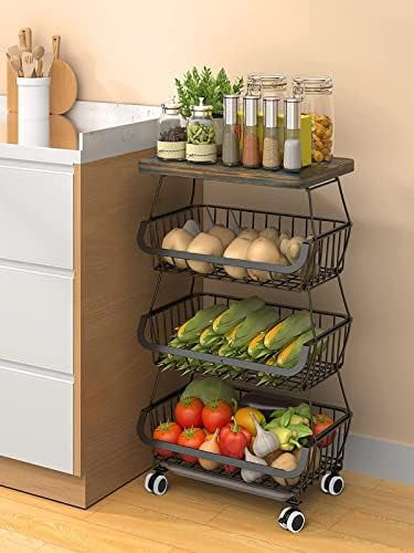 fruit basket with wooden lid for kitchen, 4 tier stackable storage ...