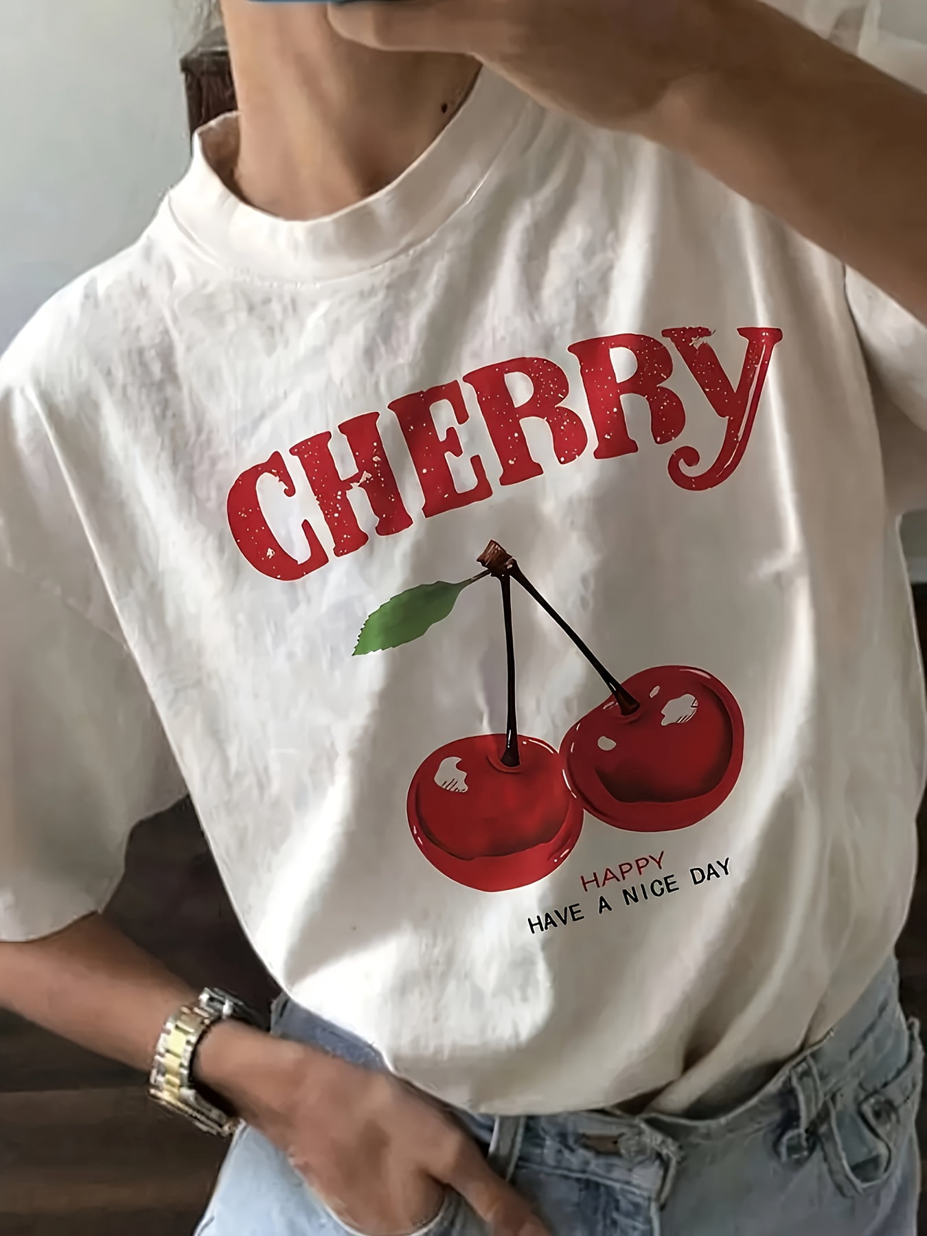 fruit&cherry graphic print t-shirt, short sleeve crew neck casual top ...