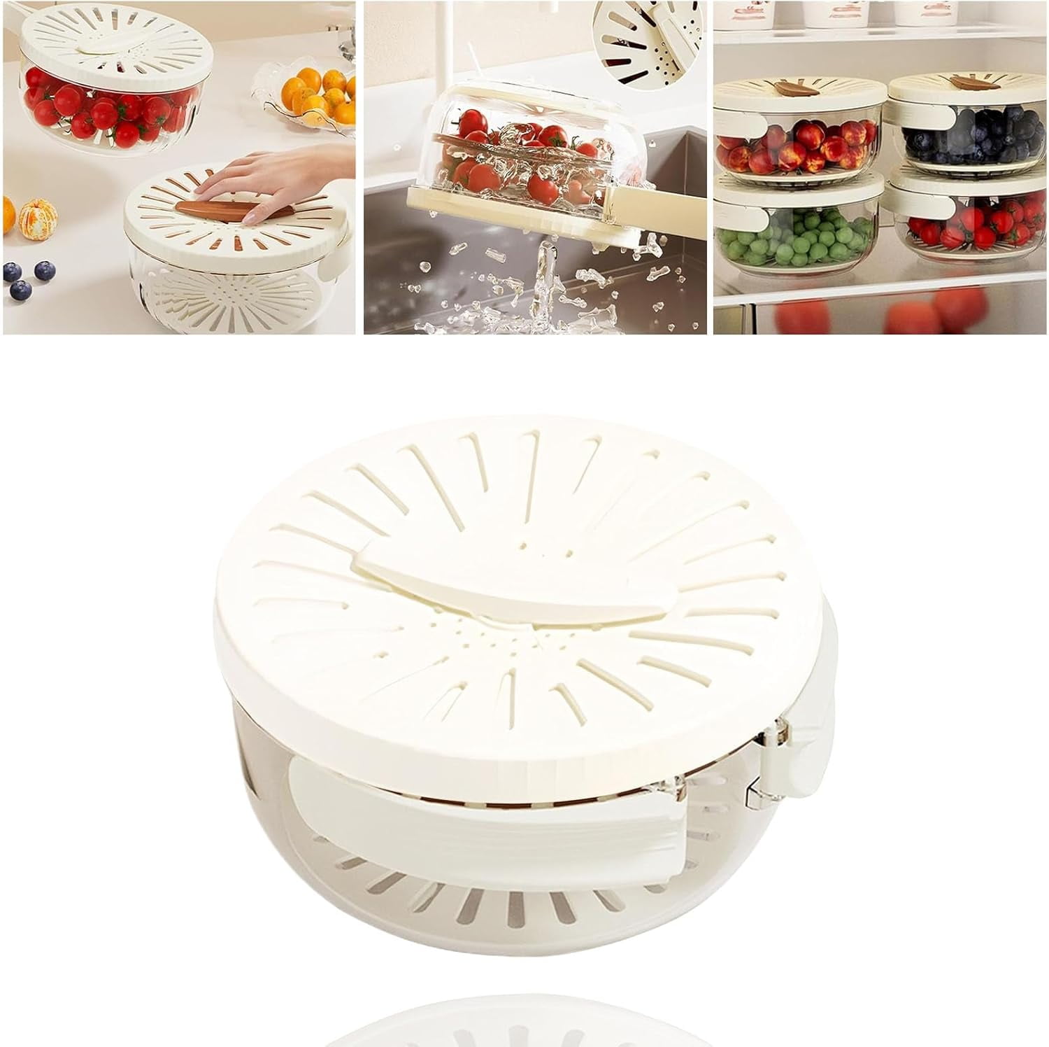fruit washing bowl with strainer&Lid ，Collapsible Handle 2-in-1 drainer ...
