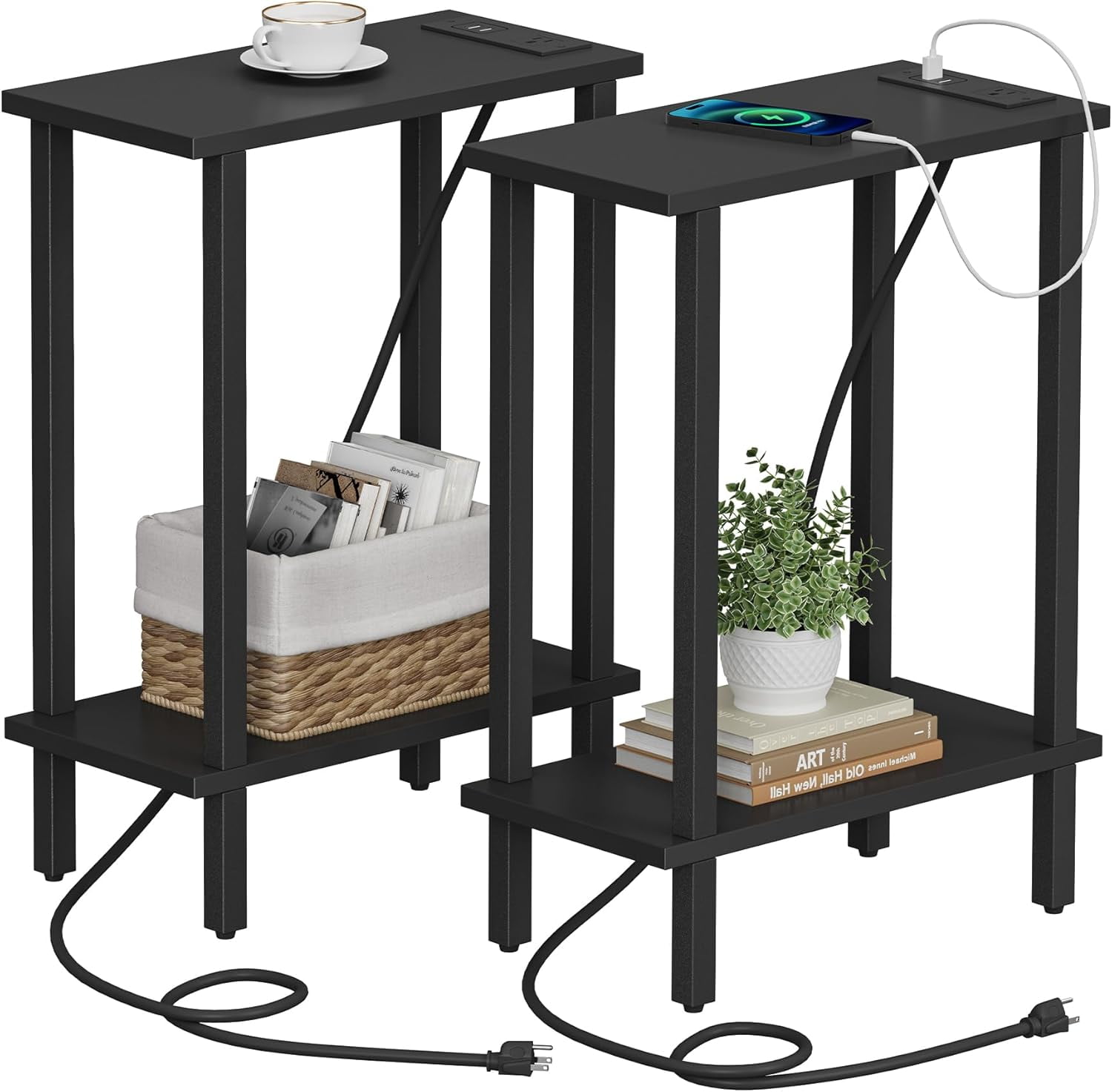 fufff Small End Table with Charging Station Narrow Side Table with USB ...