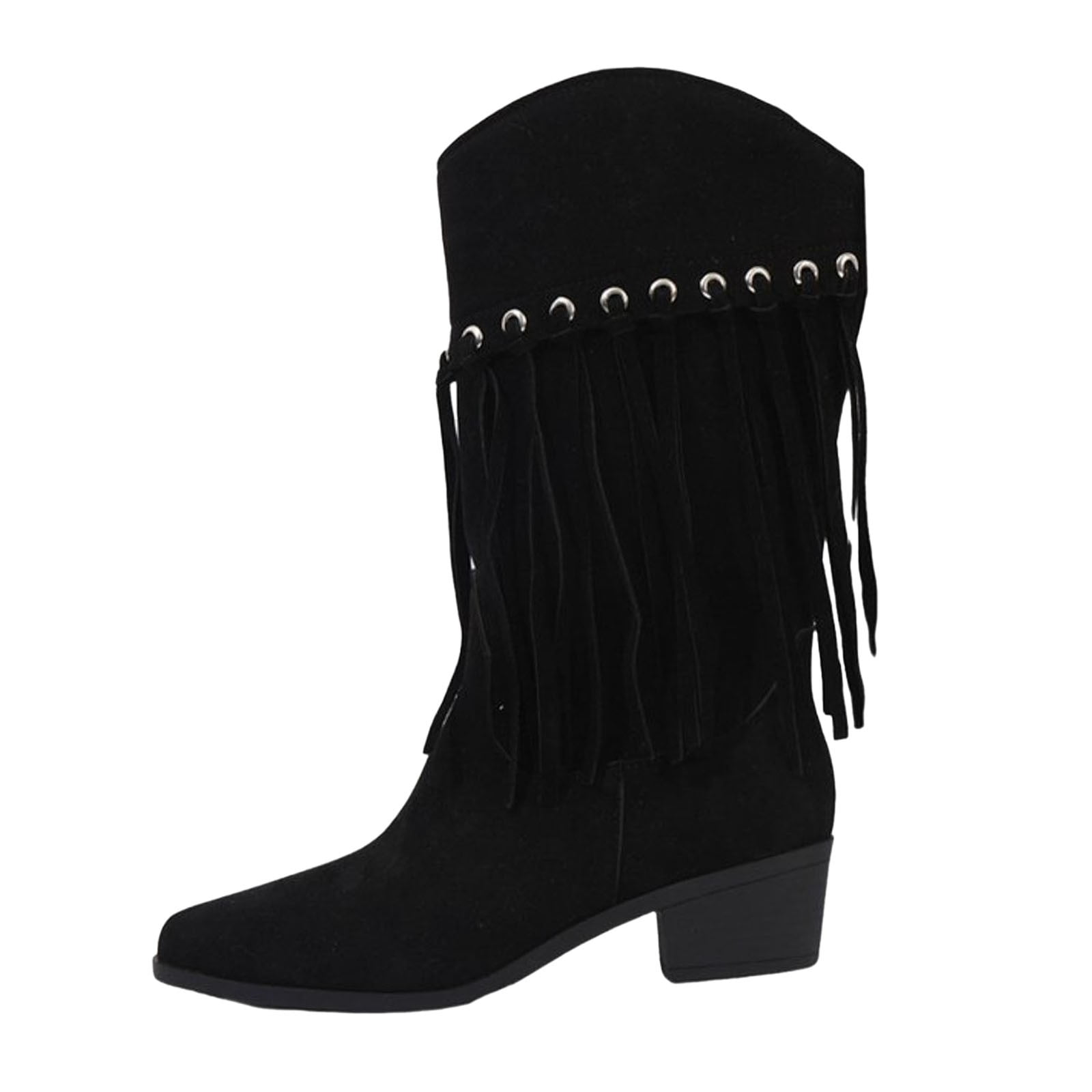 fukaraa Womens Cowboy Boots Vintage Tassel Mid Heels Western Cowgirls ...