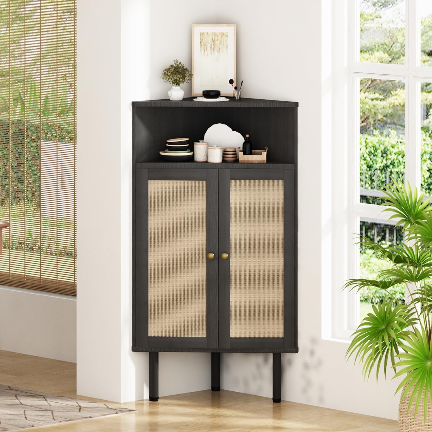 furlinkhm 4-Tier Corner Cabinet with Doors & Shelves, Rattan ...